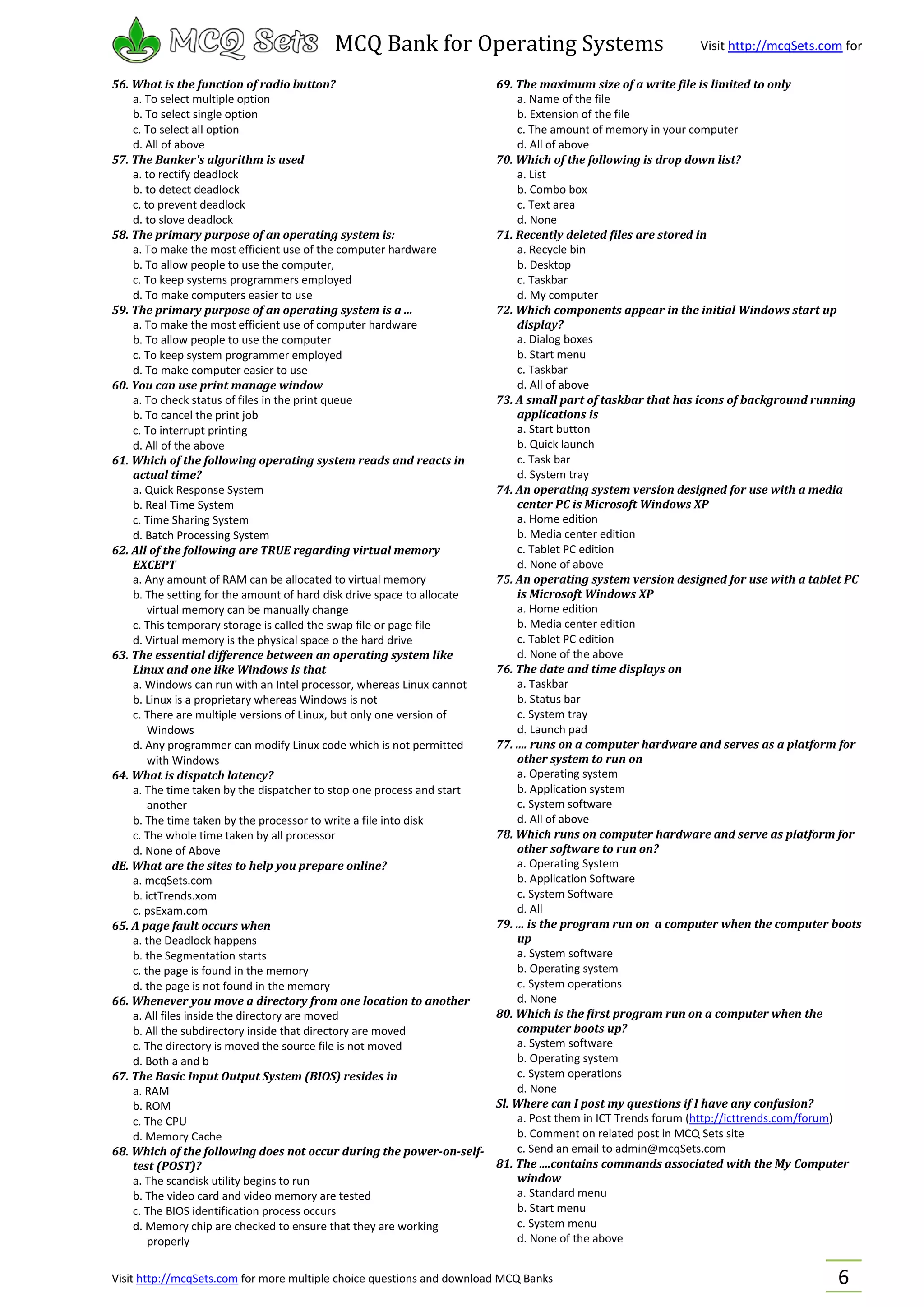 Operating Systems MCQ Bank from mcqSets.com