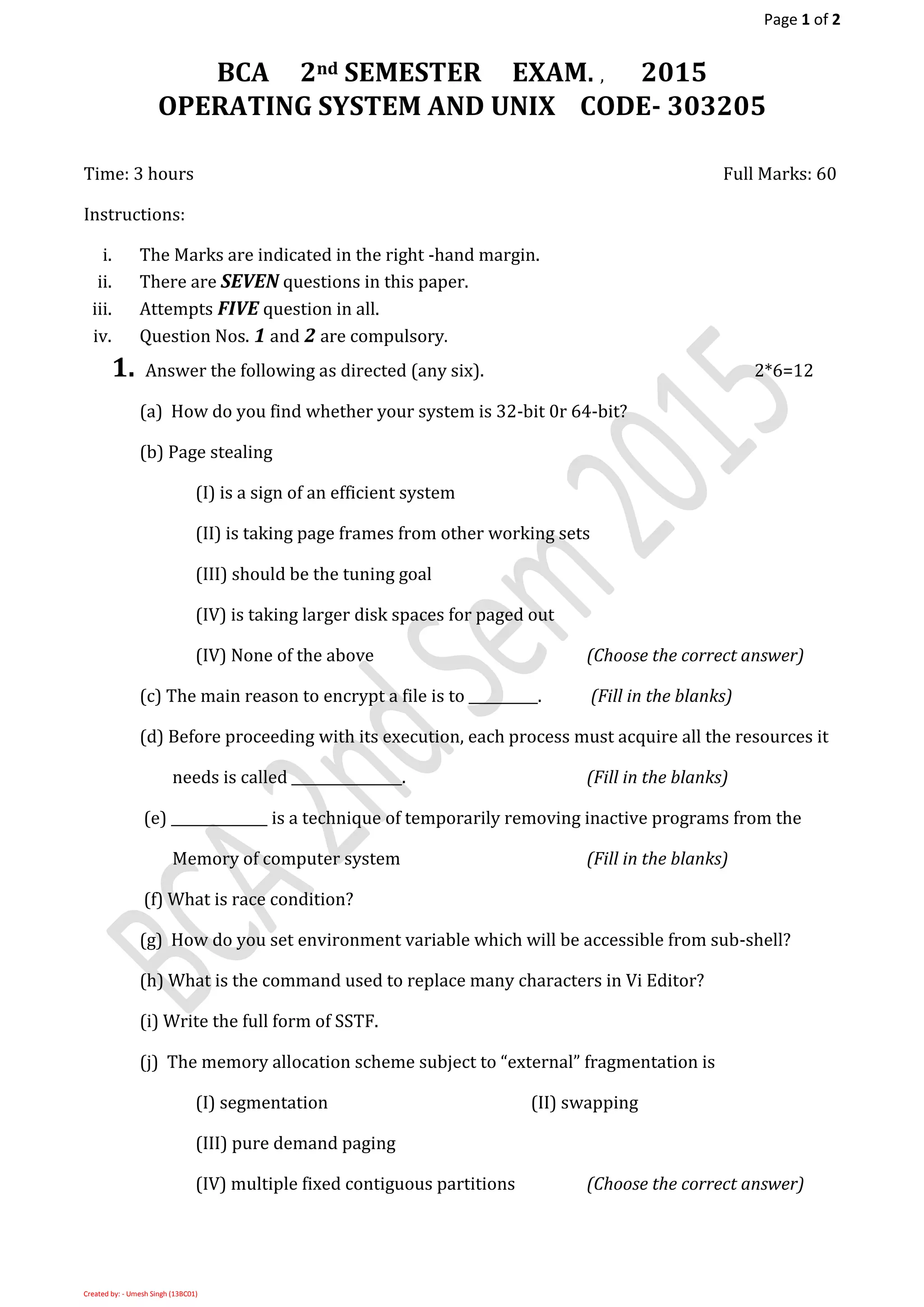 Operating system and unix code 303205 bca 2nd semester exam. 2015 | PDF