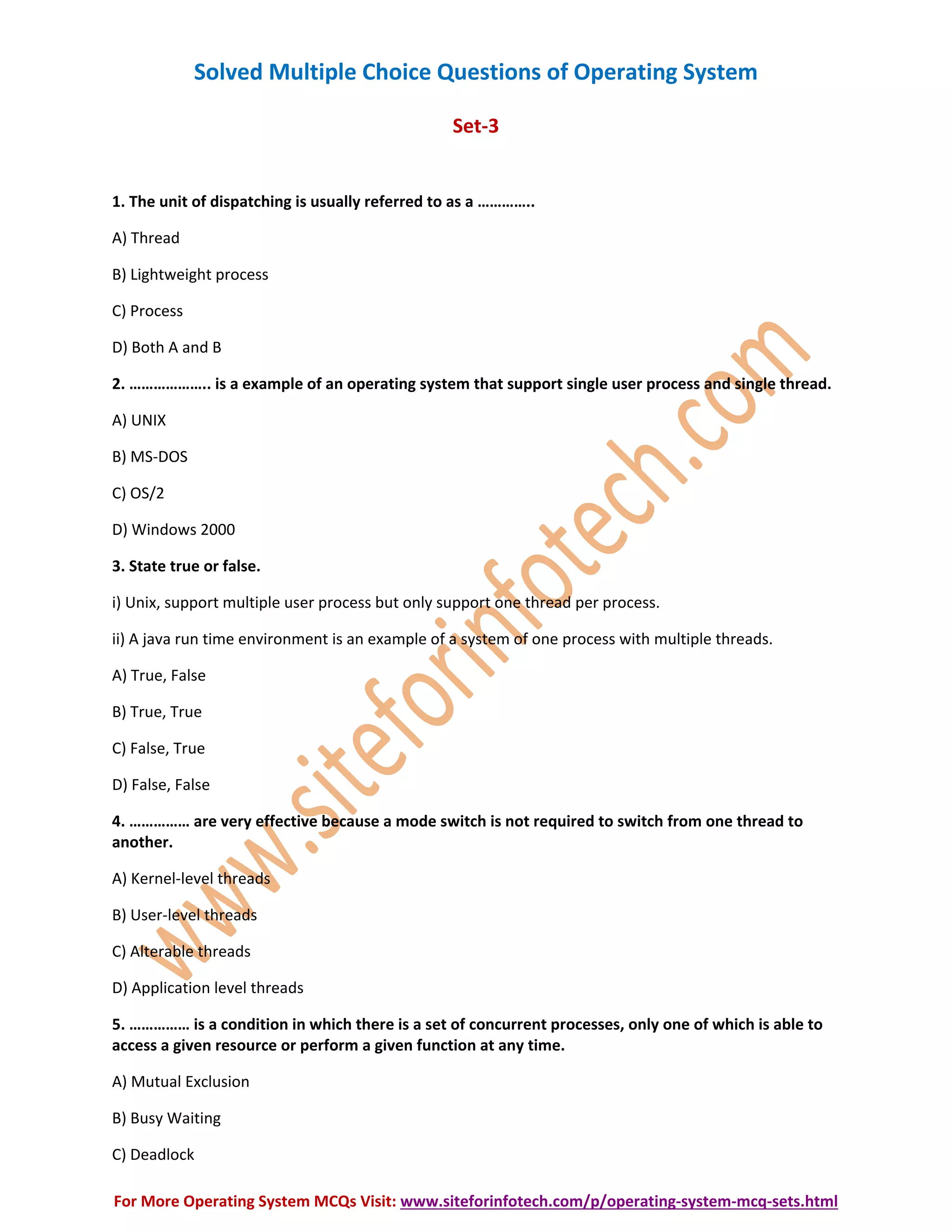 Operating System Multiple Choice Questions | PDF
