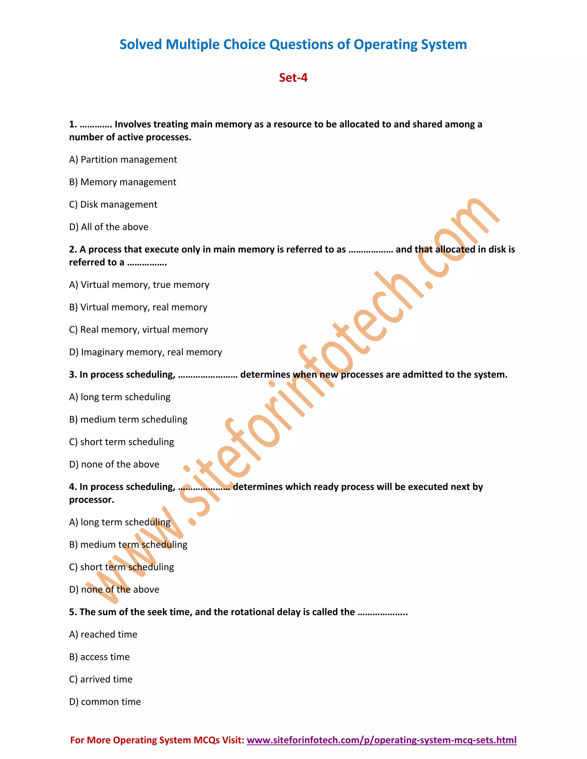 Operating System Multiple Choice Questions Pdf Operating Systems Computer Software And