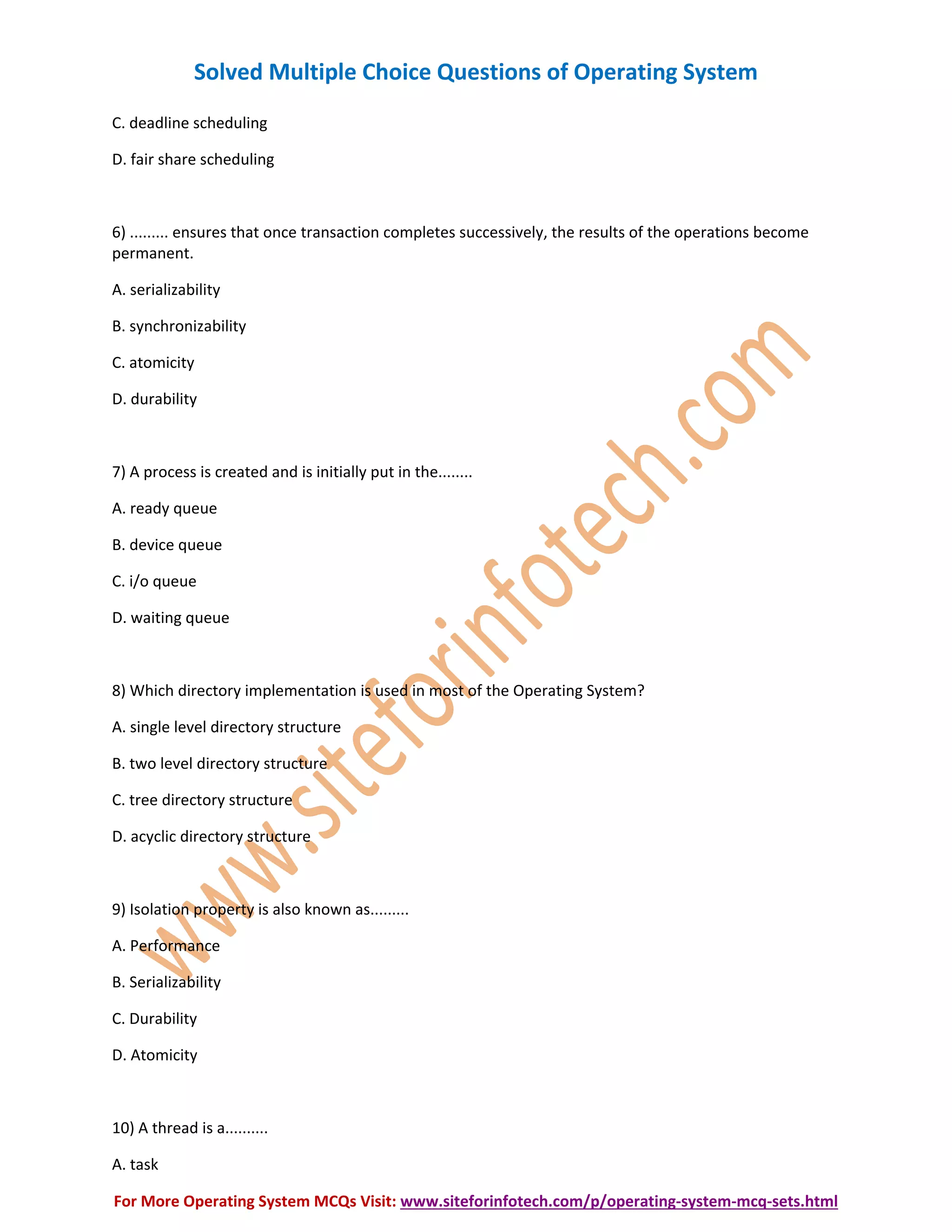 Operating System Multiple Choice Questions | PDF