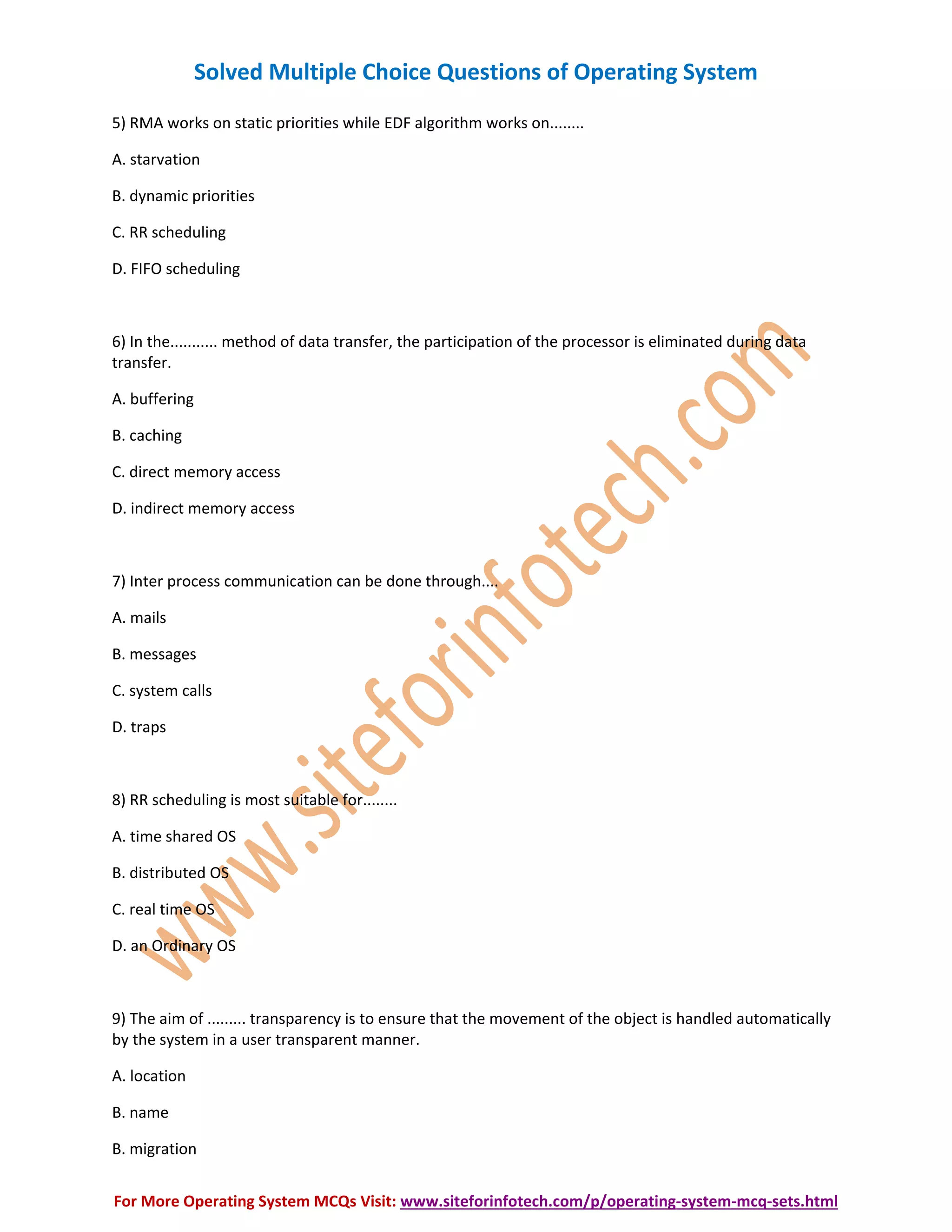 Operating System Multiple Choice Questions | PDF | Operating Systems | Computer Software and ...