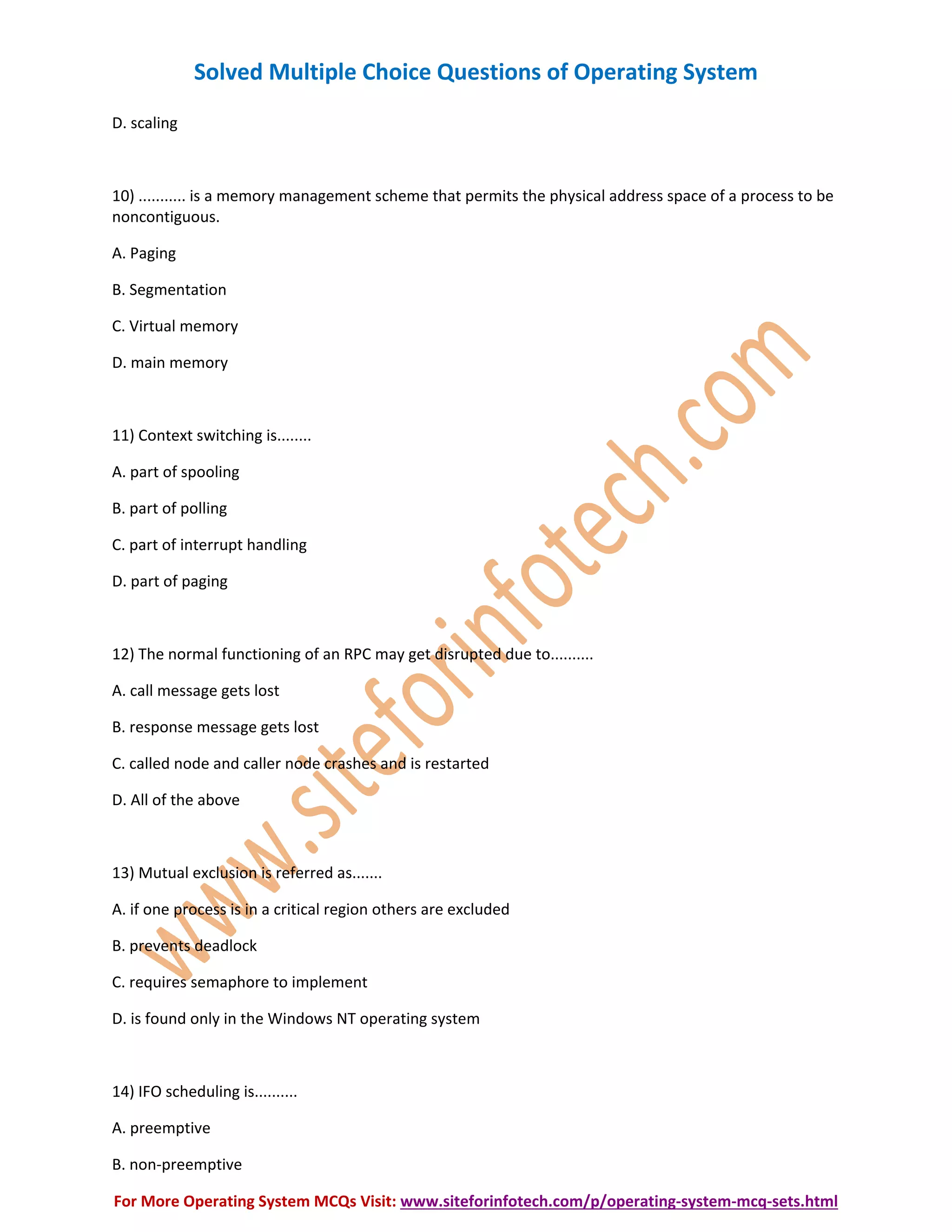 Operating System Multiple Choice Questions Pdf Operating Systems