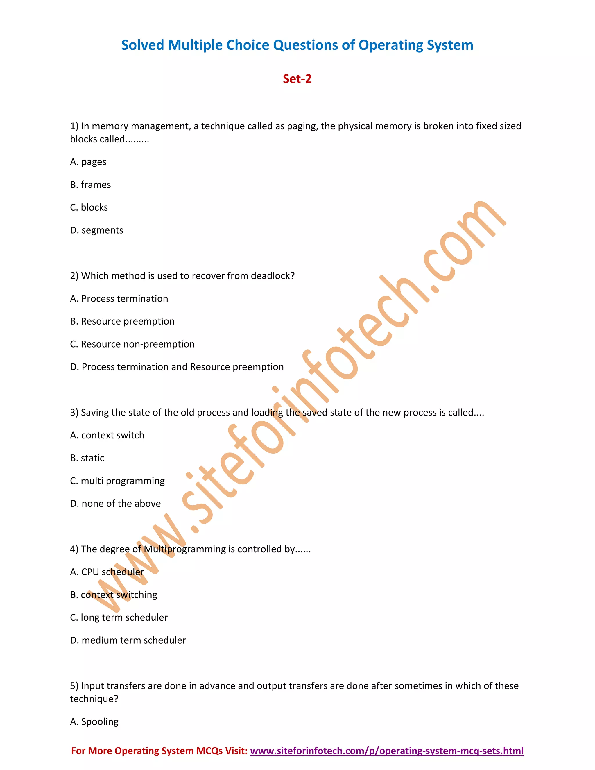 Operating System Multiple Choice Questions | PDF