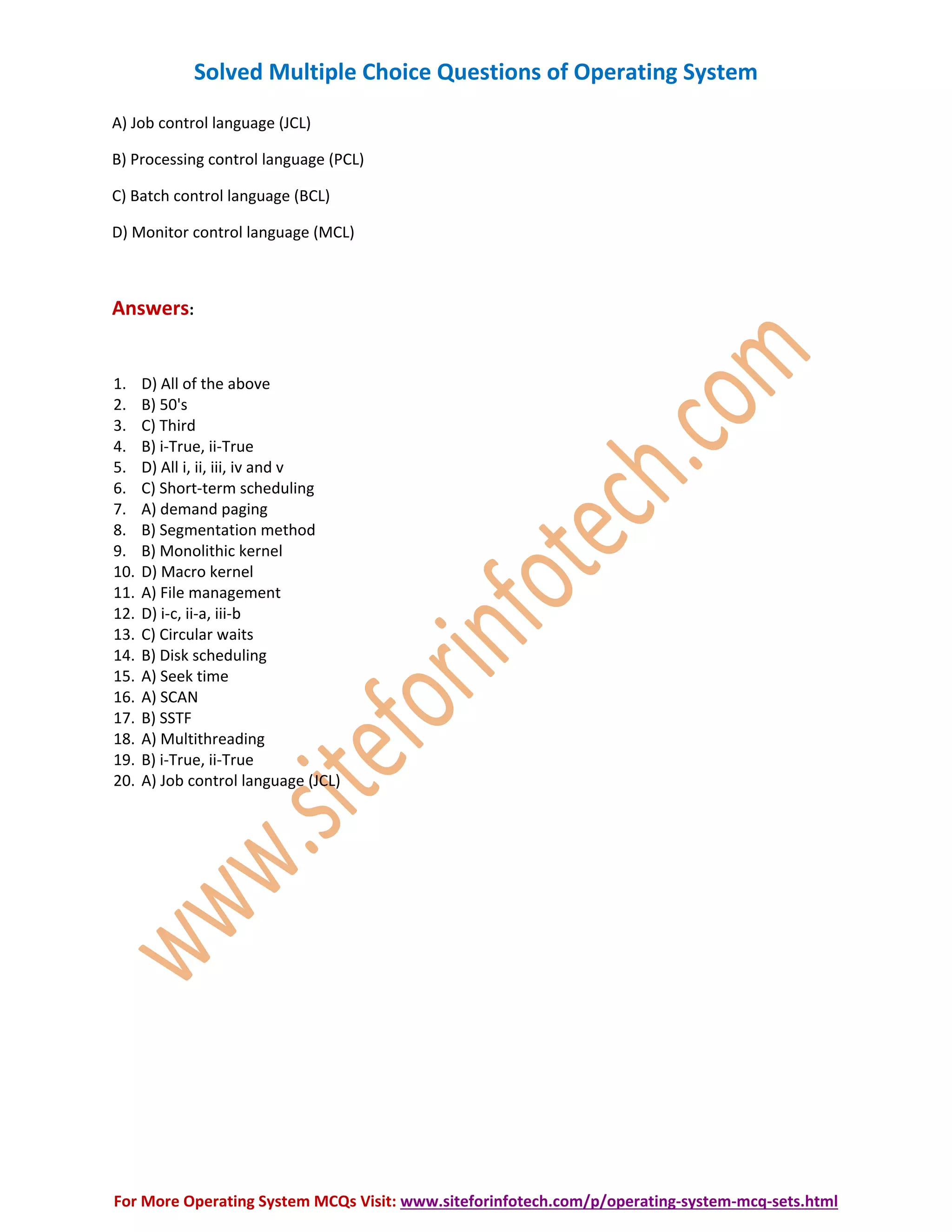 Operating System Multiple Choice Questions Pdf Operating Systems