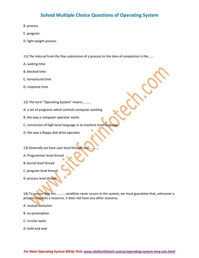Operating System Multiple Choice Questions | PDF | Operating Systems | Computer Software and ...