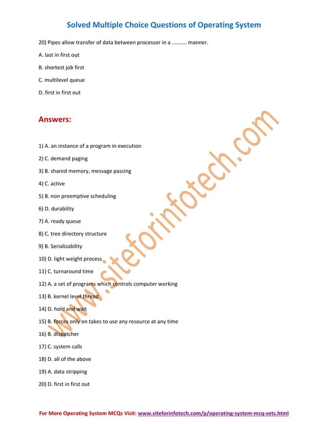 Operating System Multiple Choice Questions | PDF | Operating Systems | Computer Software and ...