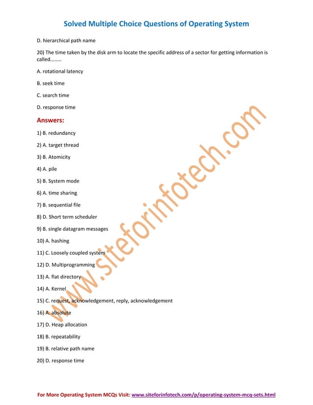 Operating System Multiple Choice Questions Pdf Operating Systems