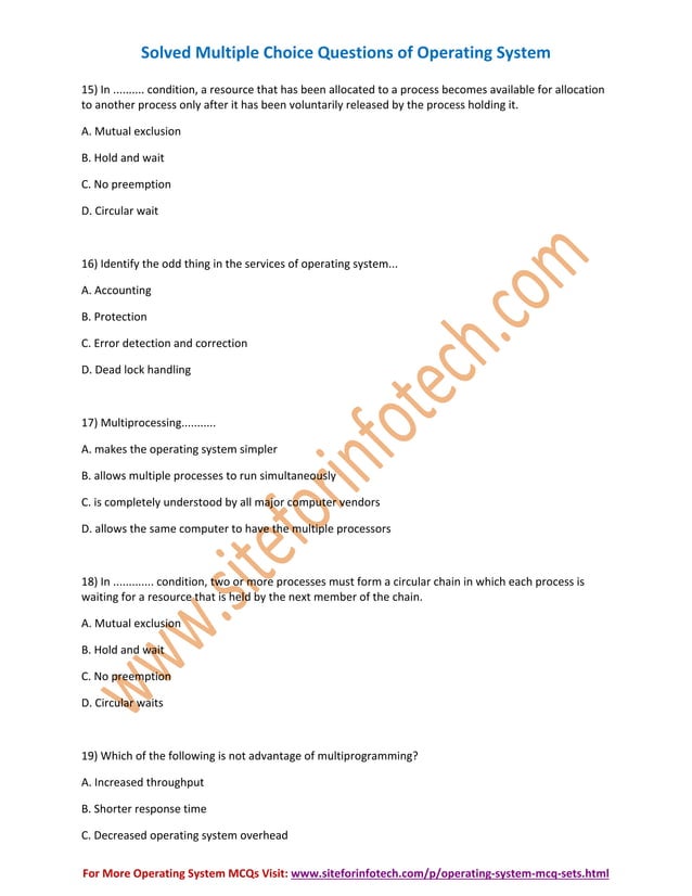 Operating System Multiple Choice Questions | PDF | Operating Systems | Computer Software and ...