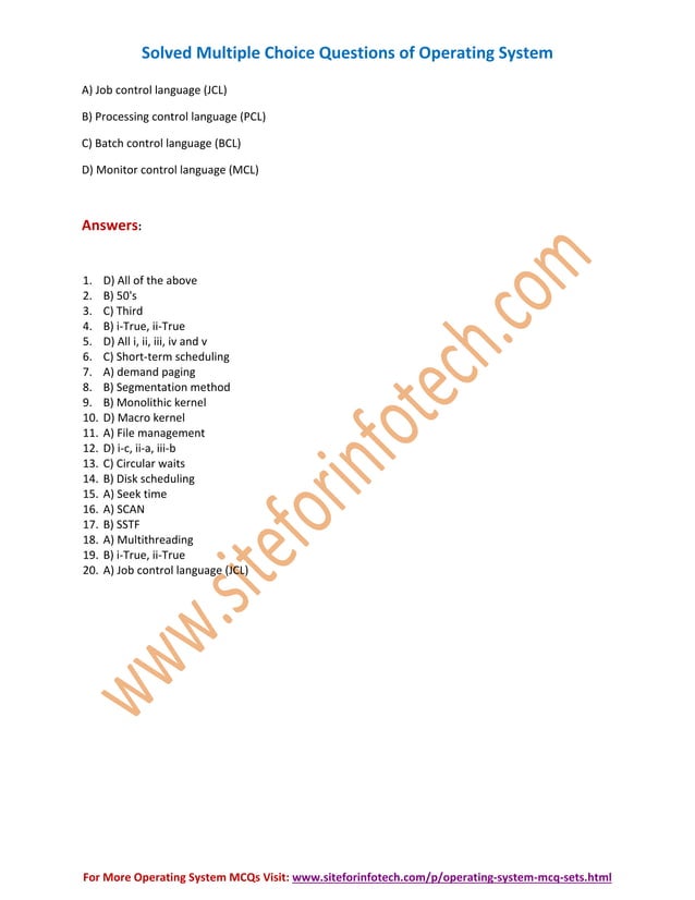 Operating System Multiple Choice Questions | PDF | Operating Systems | Computer Software and ...