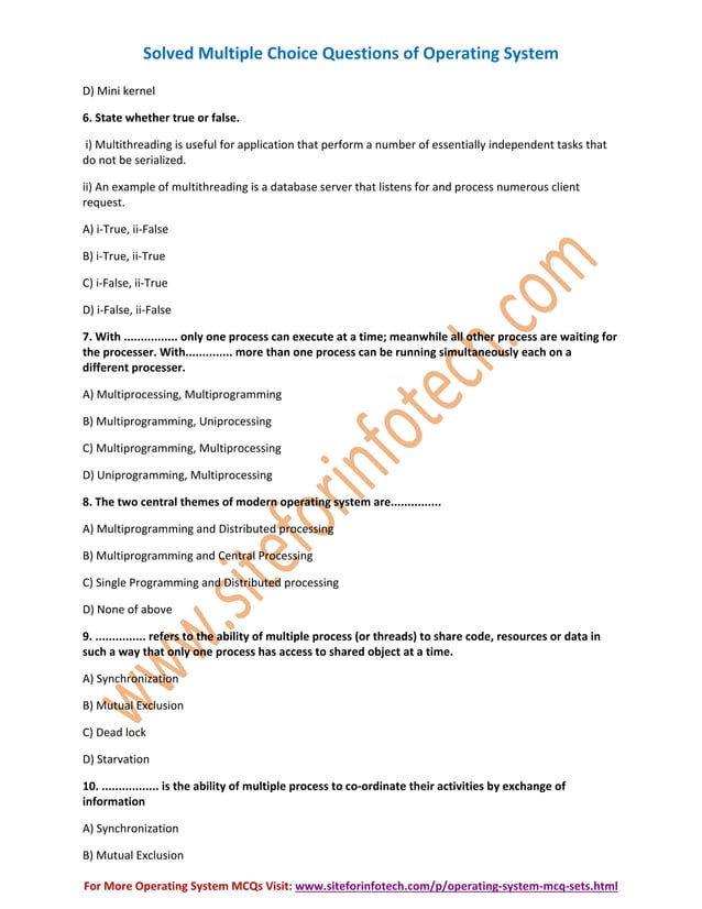 Operating System Multiple Choice Questions Pdf Operating Systems Computer Software And