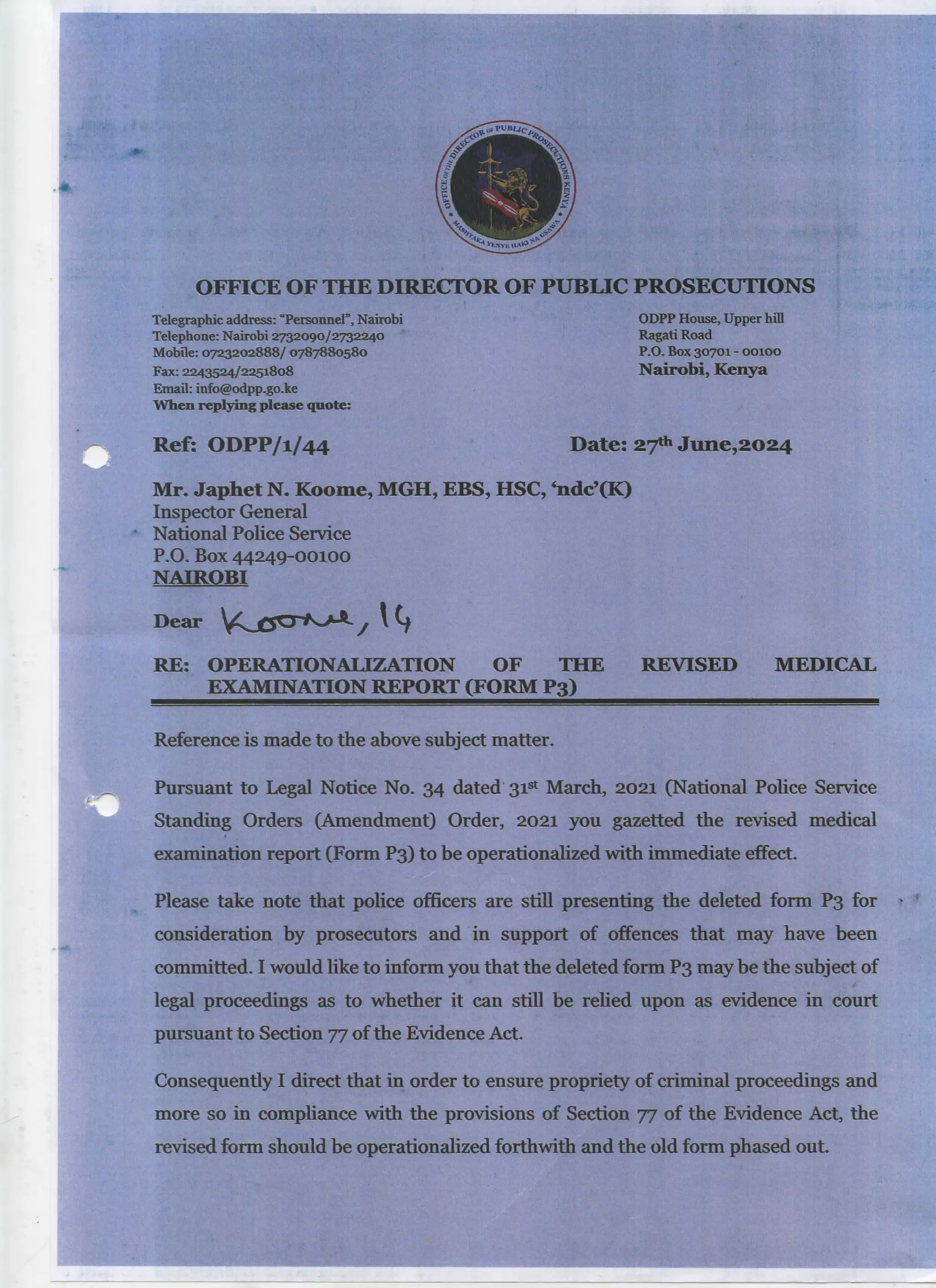 OPERATIONALIZATION OF THE REVISED MEDICAL EXAMINATION REPORT (FORM P3 ...