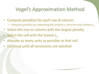 Vogel's Approximation Method & Modified Distribution Method | PPTX