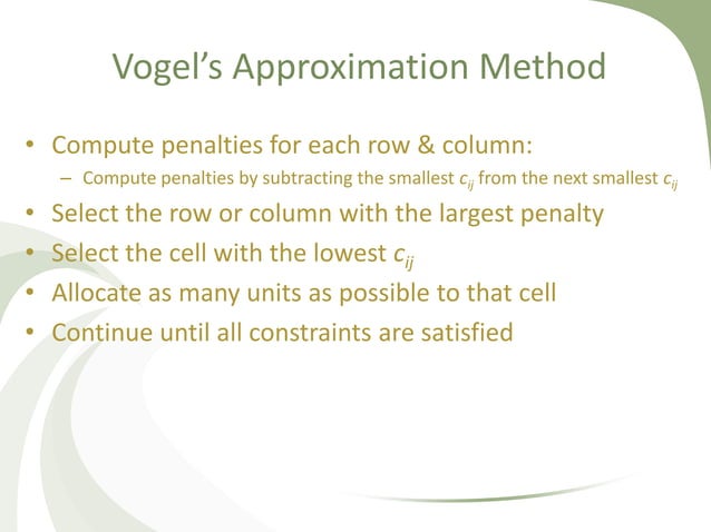Vogel's Approximation Method & Modified Distribution Method | PPTX