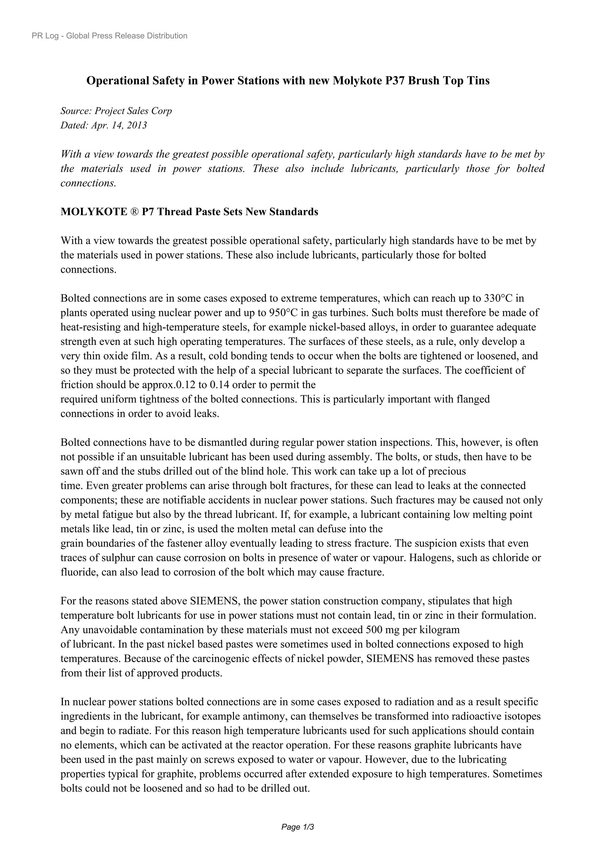 Operational Safety in Power Stations with new Molykote P37 500g brush top tins from Project ...