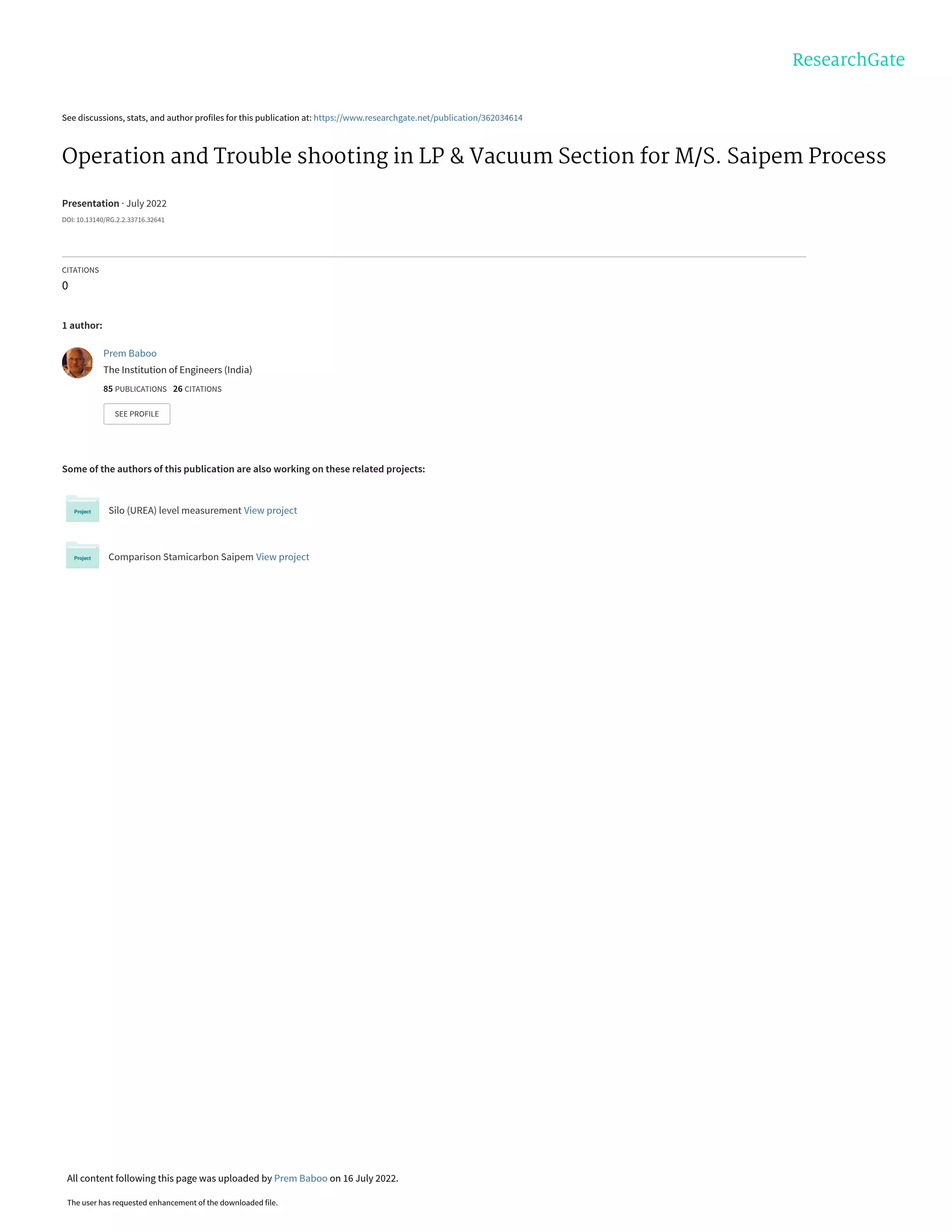 OPERATION AND TROUBLE SHOOTING IN LP AND VACUUM SECTION FOR MS SAIPEM ...