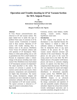 OPERATION AND TROUBLE SHOOTING IN LP AND VACUUM SECTION FOR MS SAIPEM ...
