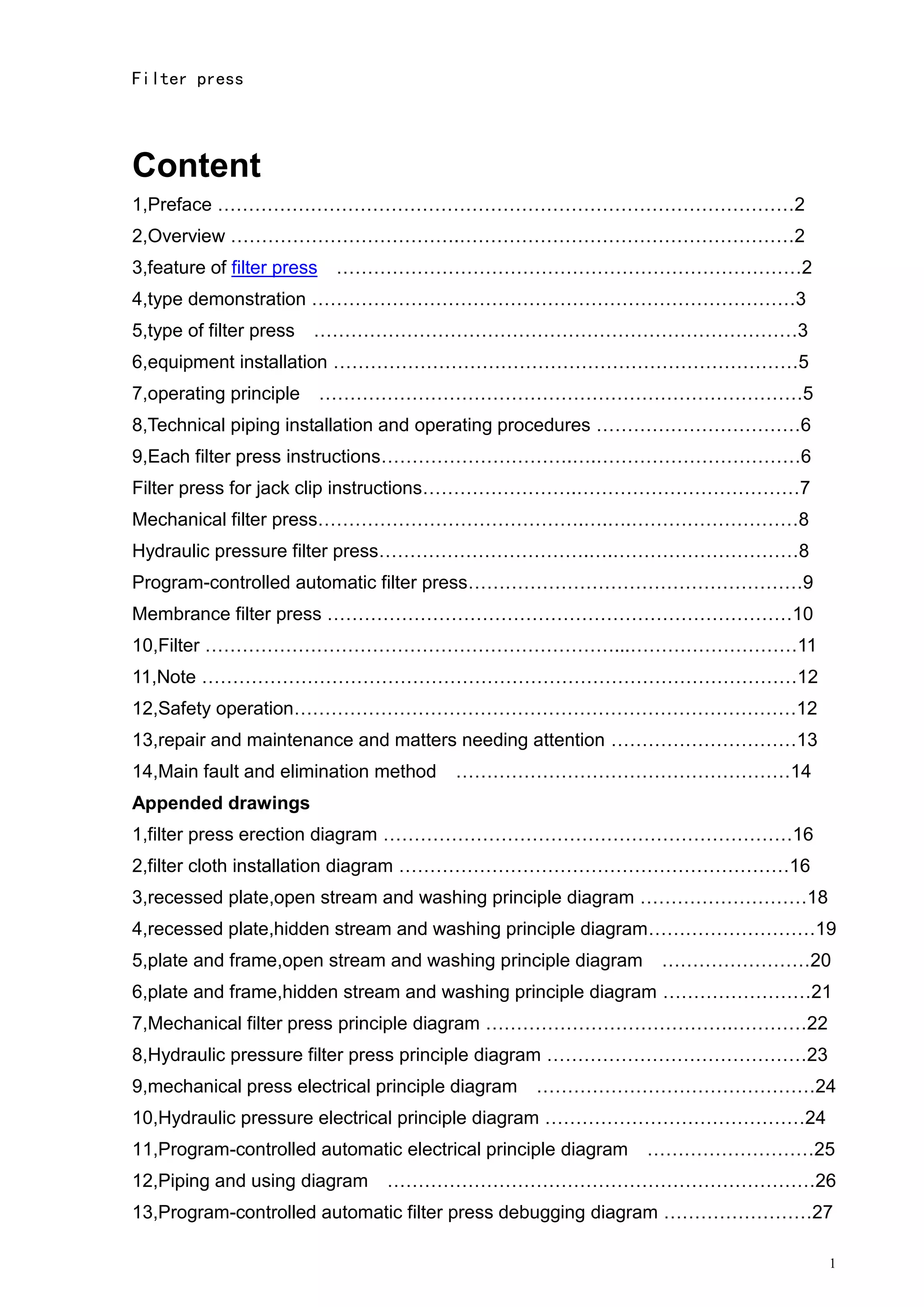 Operation manuals of filter press | PDF