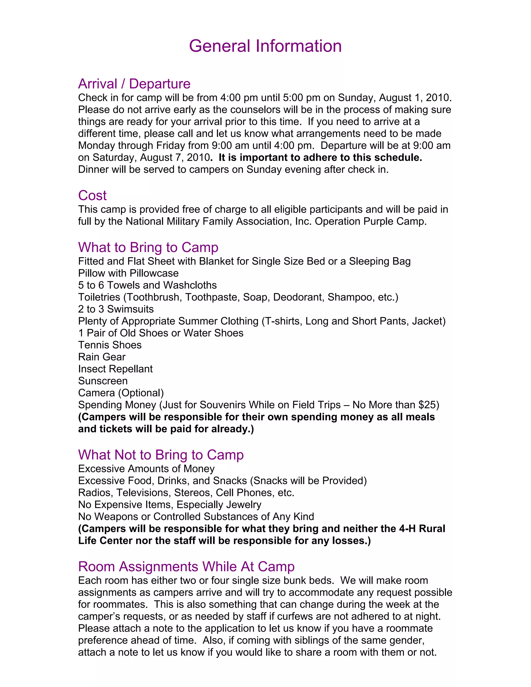 Operation purple summer camp packet | PDF