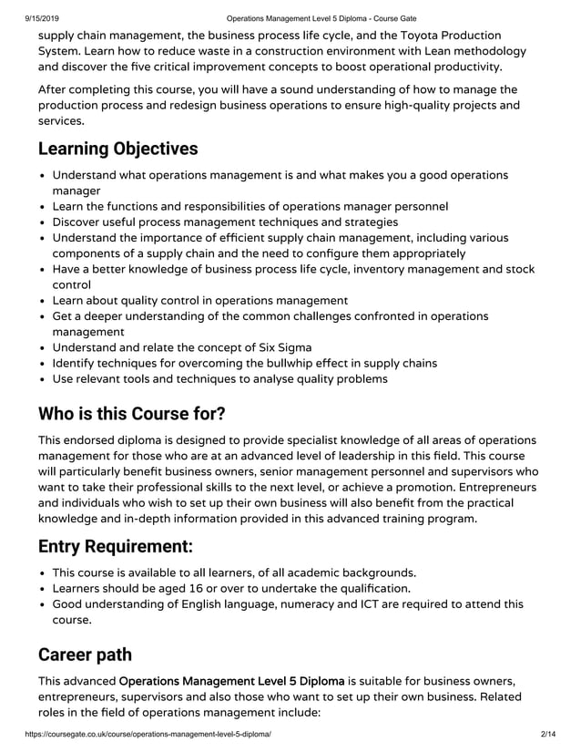 Operations Management Level 5 Diploma - Course Gate | PDF | Business ...