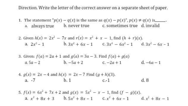 OPERATIONS ON FUNCTIONS (ADDITION, SUBTRACTION, MULTIPLICATION AND ...