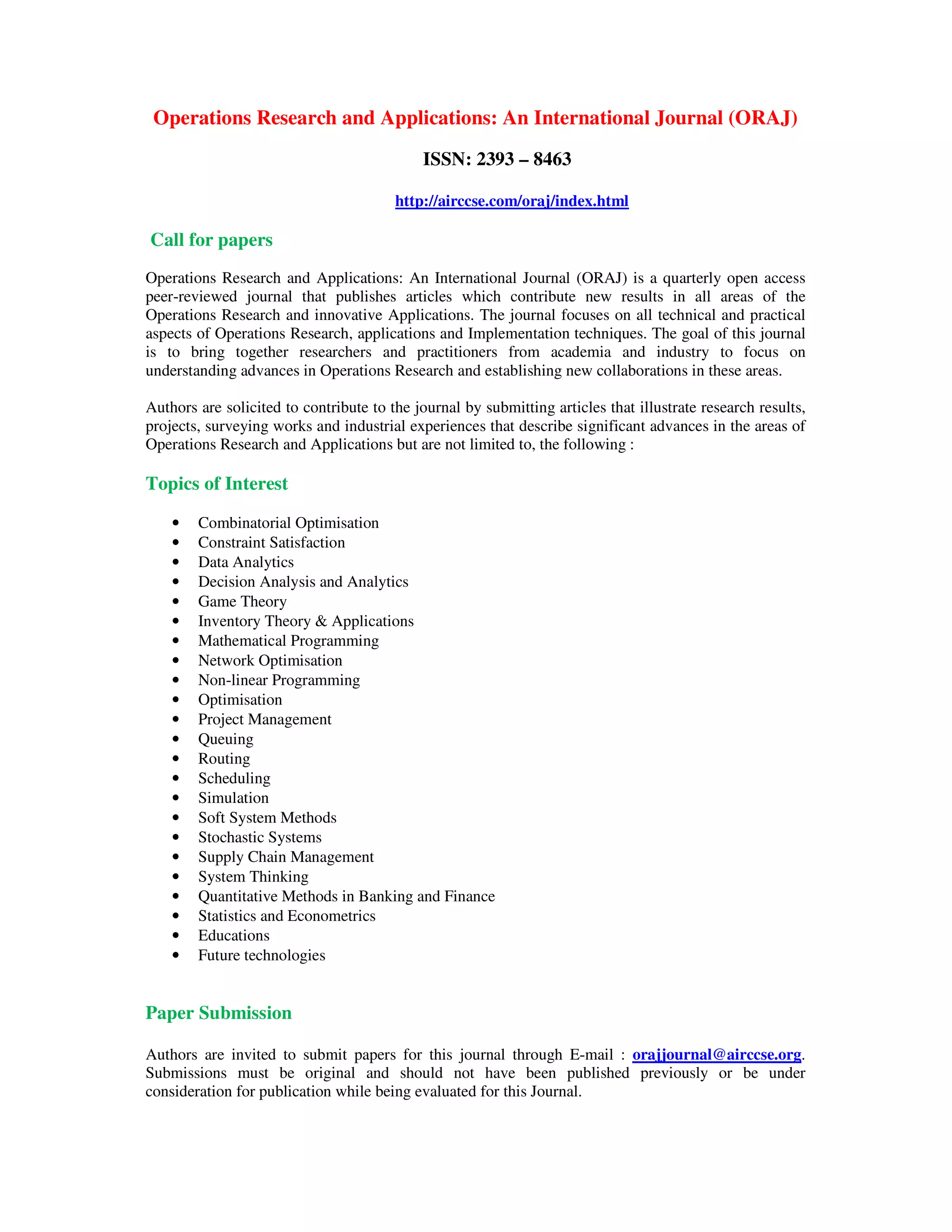 Operations Research and Applications: An International Journal (ORAJ) | PDF