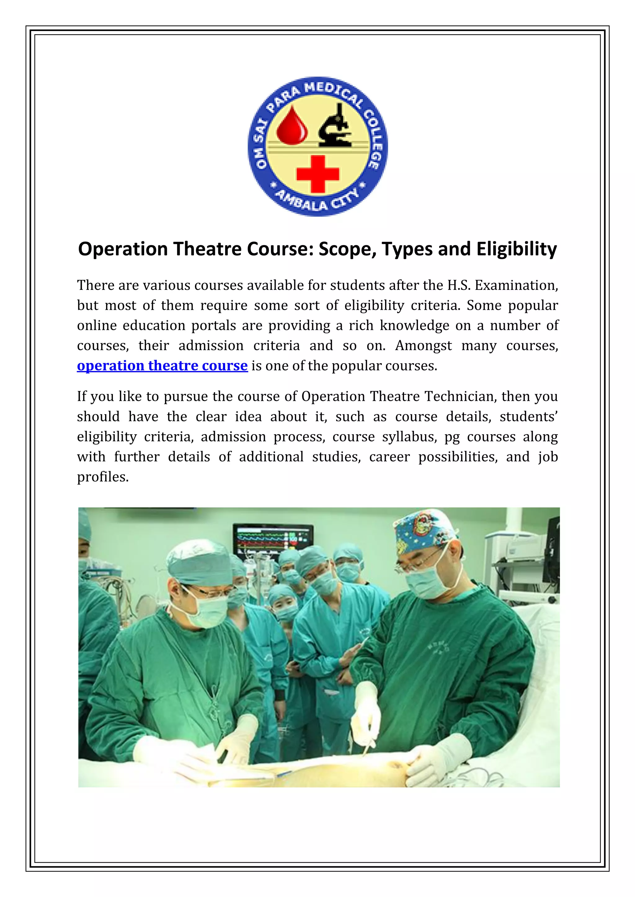 Operation Theatre Course: Scope, Types and Eligibility | PDF