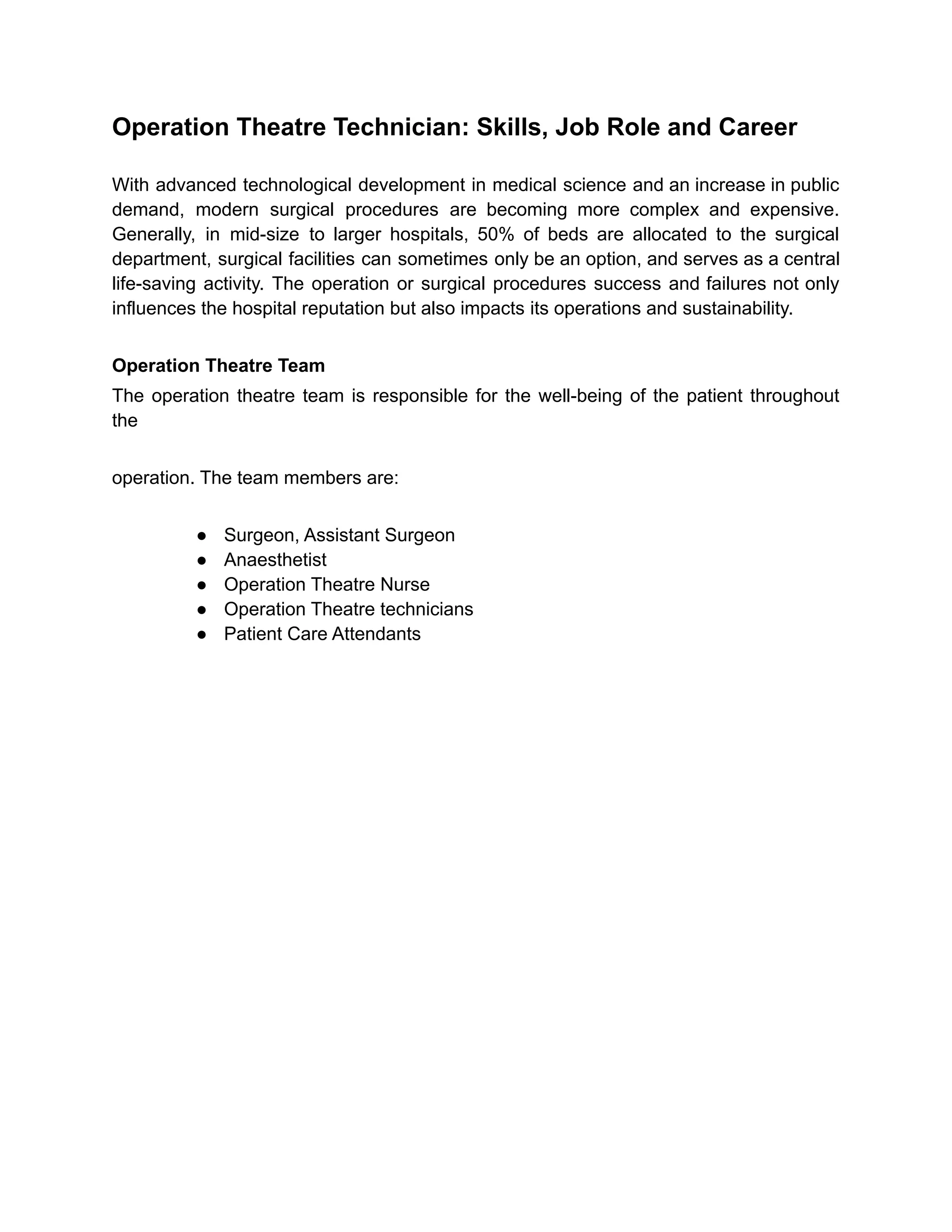 Operation Theatre Technician: Skills, Job Role and Career | PDF