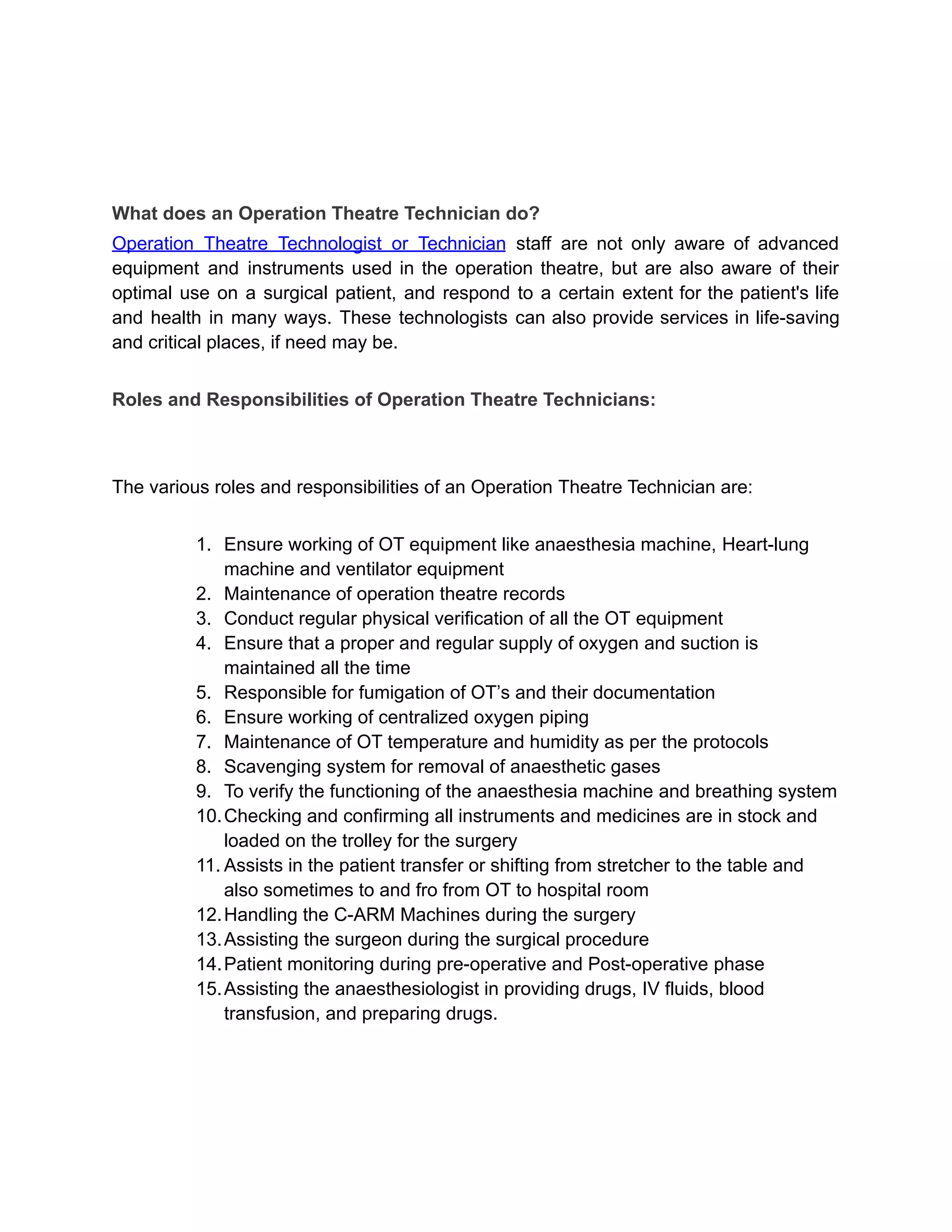 Operation Theatre Technician: Skills, Job Role and Career | PDF