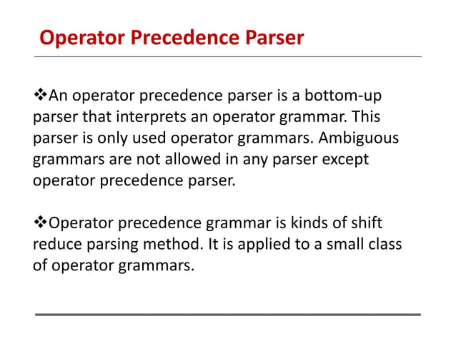 Operator precedance parsing | PPTX | Programming Languages | Computing