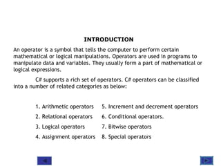 Operators and Expressions in C# | PPT