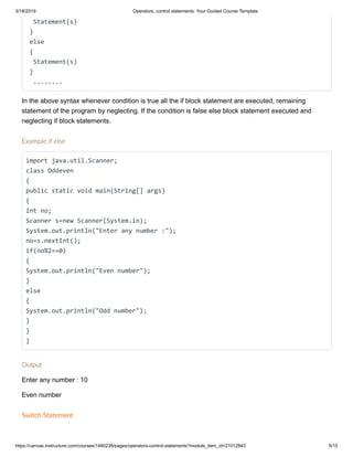 Operators, control statements represented in java | PDF