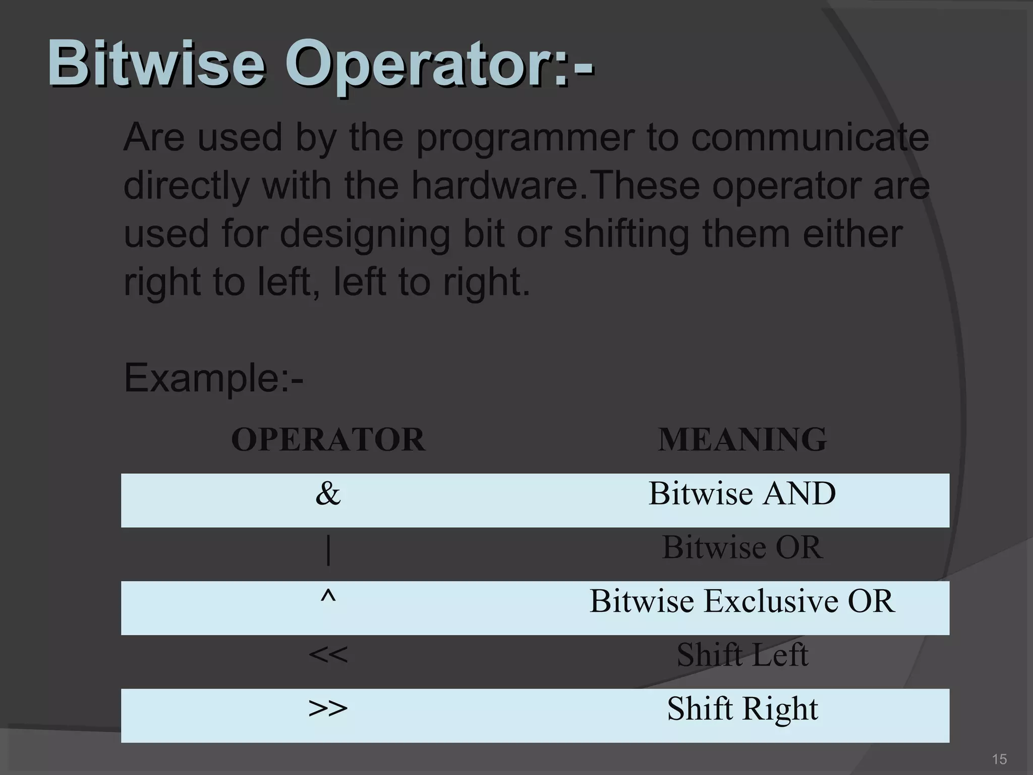 Operators in c language | PPT | Programming Languages | Computing