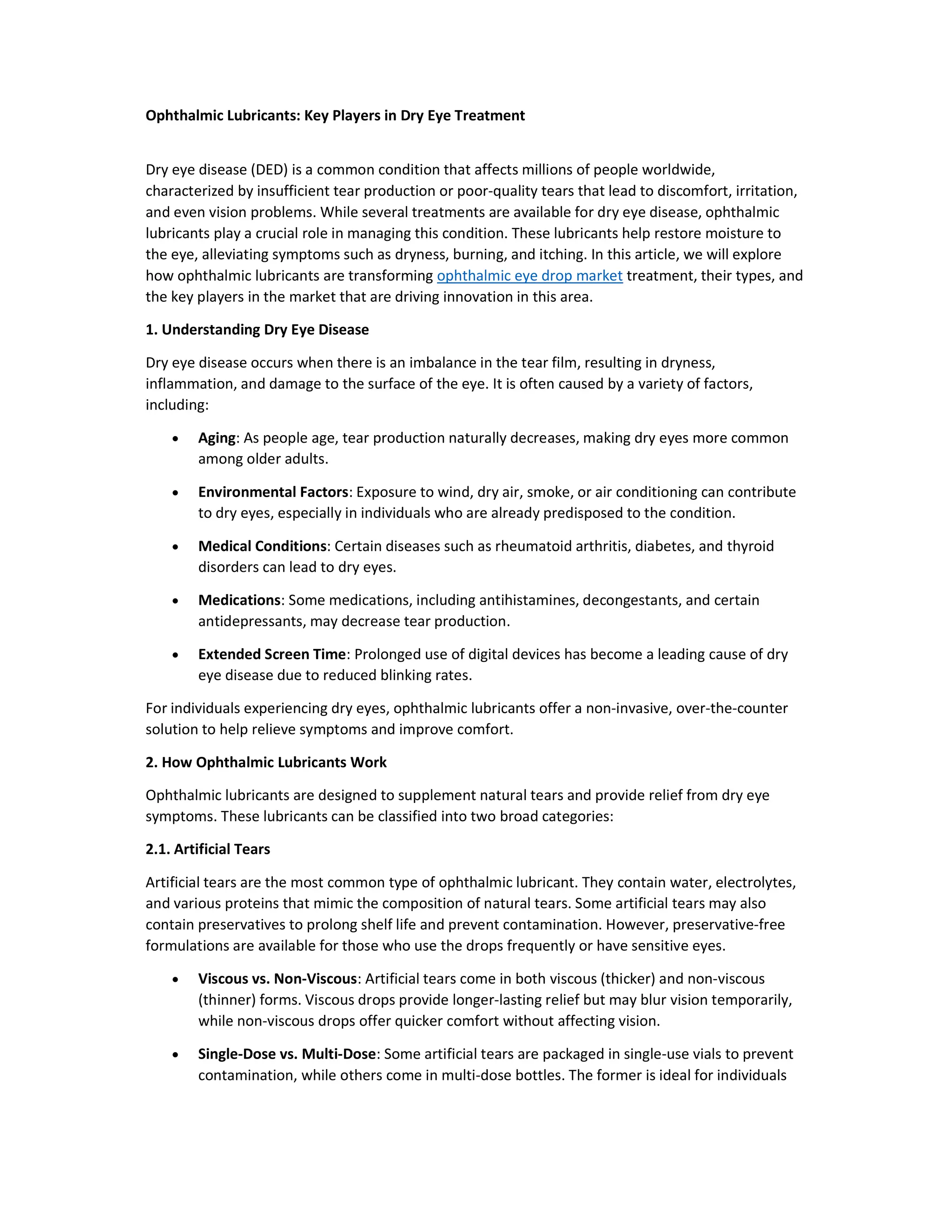 Ophthalmic Lubricants: Key Players in Dry Eye Treatment | PDF