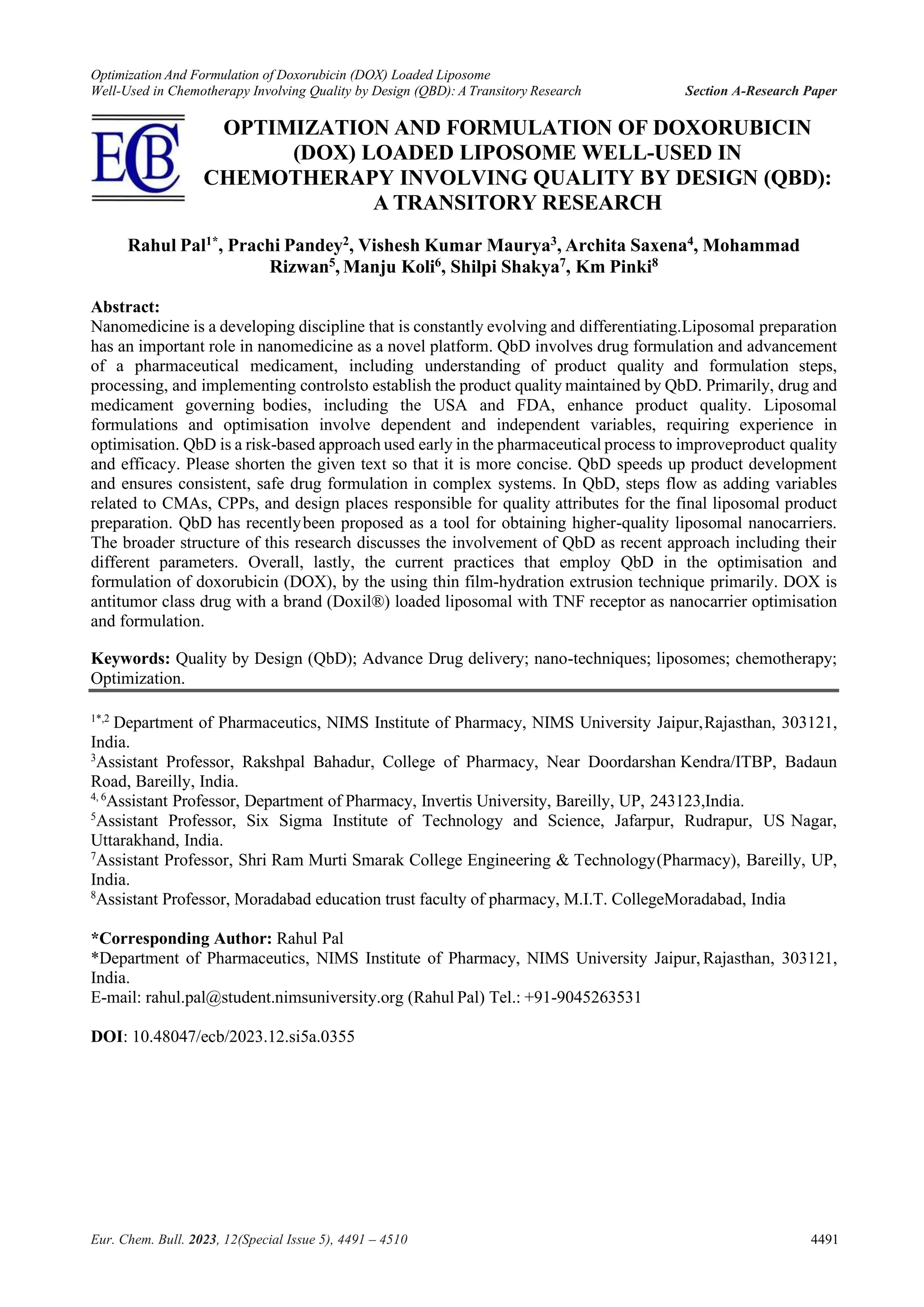 Research Article Published: "Optimization and formulation of dox loaded liposome well-used in ...