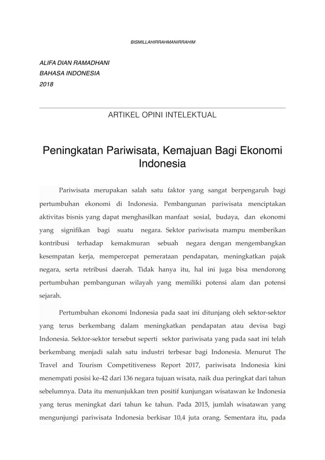 Peningkatan Pariwisata, Kemajuan Bagi Ekonomi Indonesia | Artikel Opini Intelektual | PDF