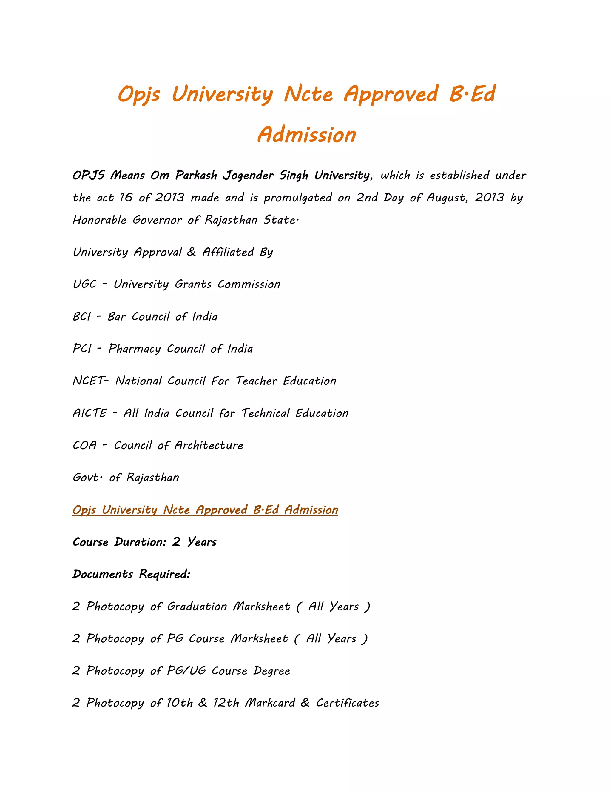 Opjs university ncte approved b.ed admission | PDF