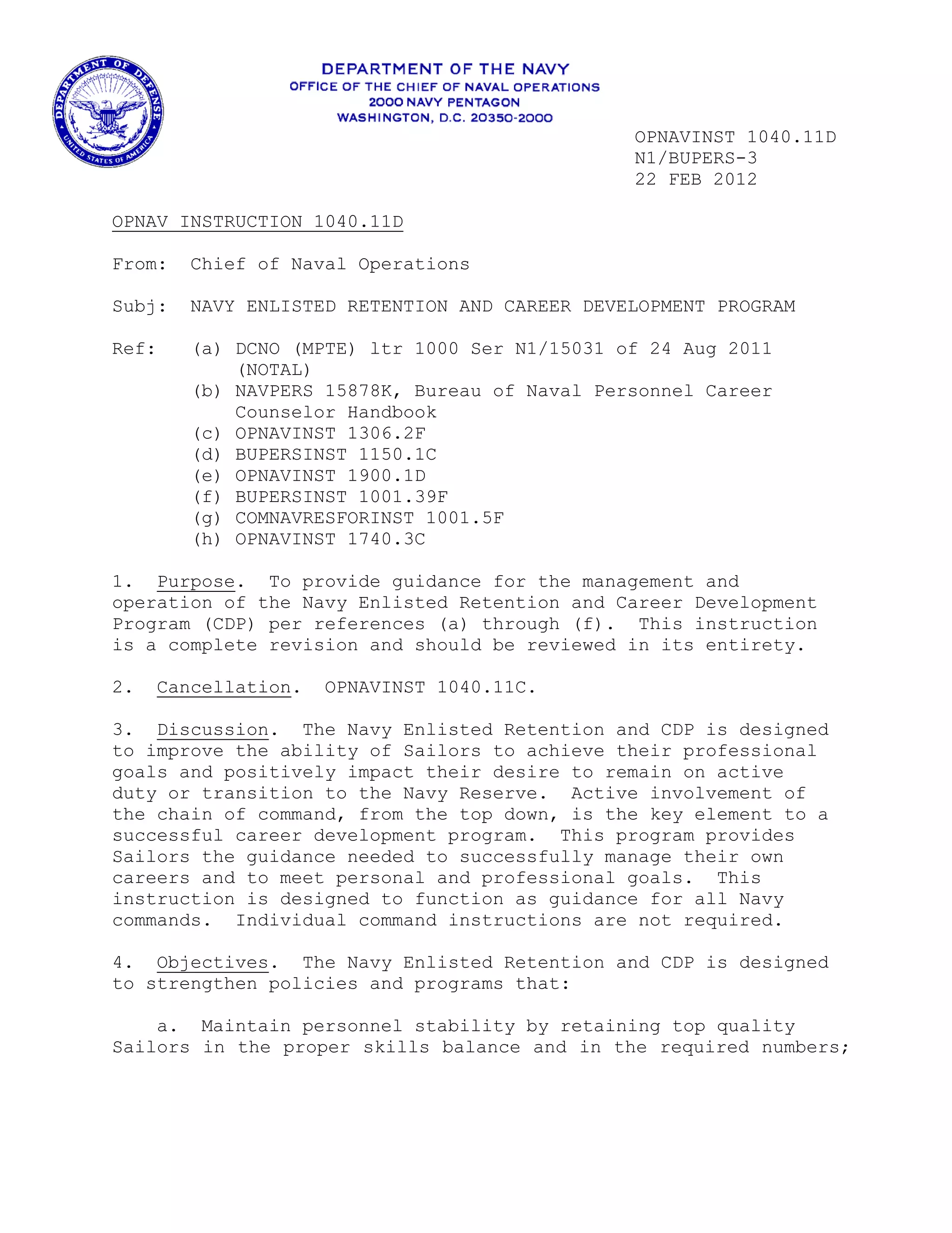 Opnavinst 1040.11 d Retention and Career Development program | PDF