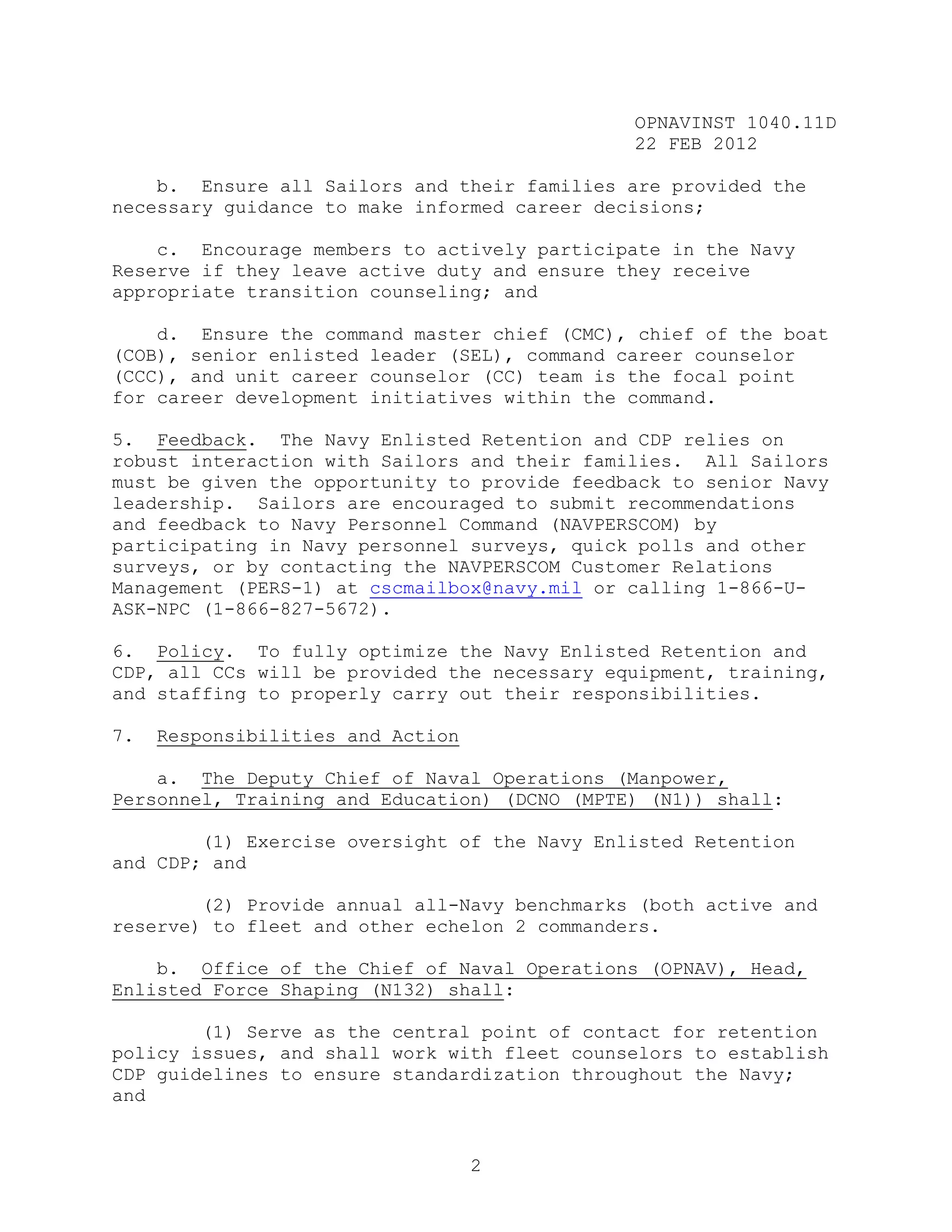 Opnavinst 1040.11 d Retention and Career Development program | PDF