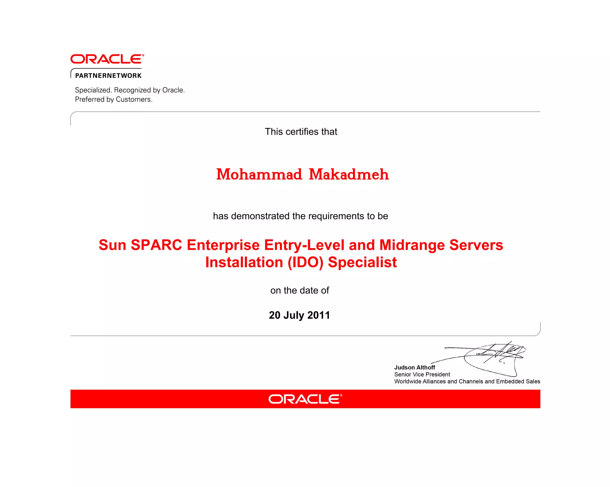 OPNCC Certificate Sun SPARC Entry Level and Midrange Servers | PDF