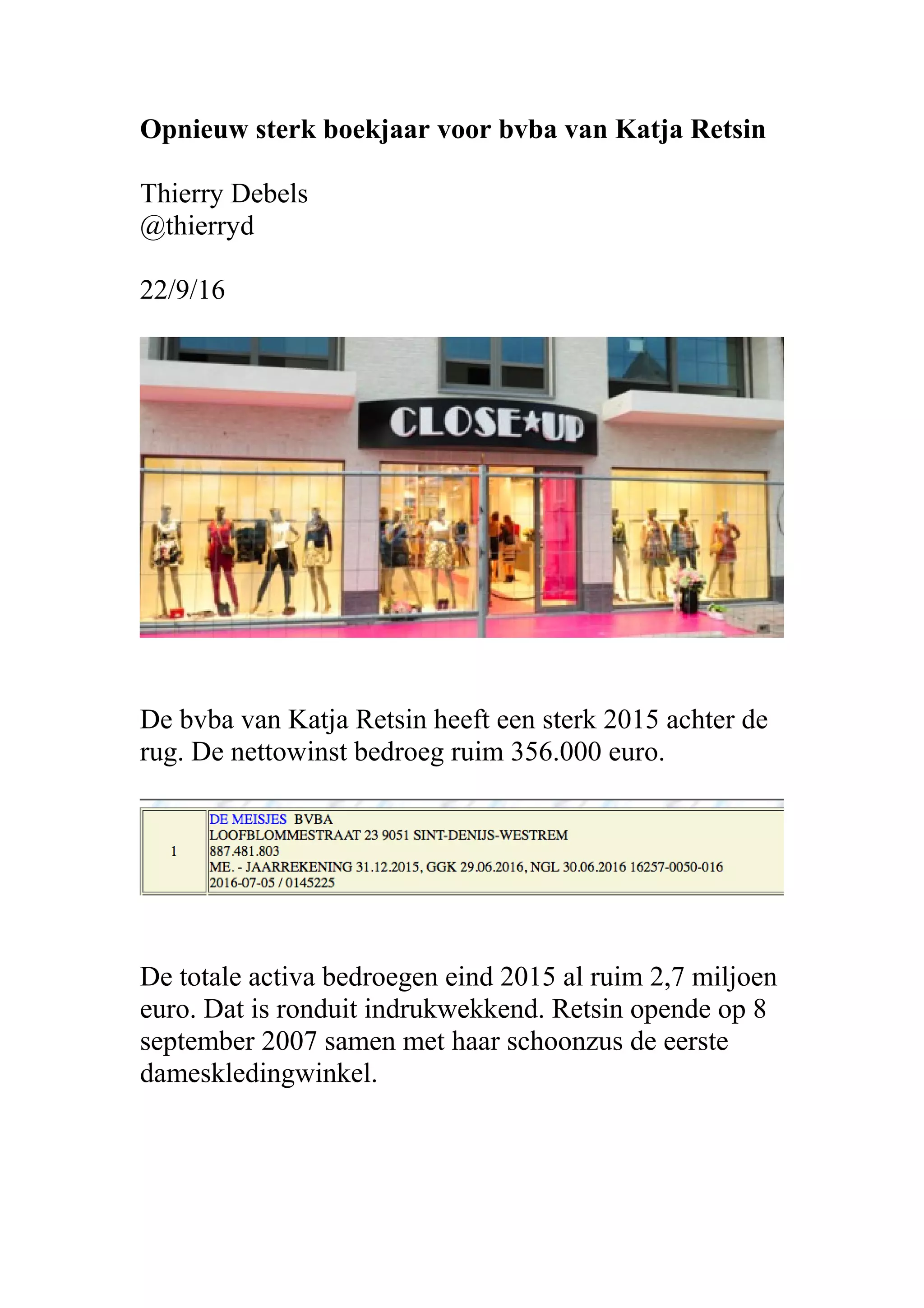 Opnieuw sterk boekjaar voor bvba van Katja Retsin | DOC