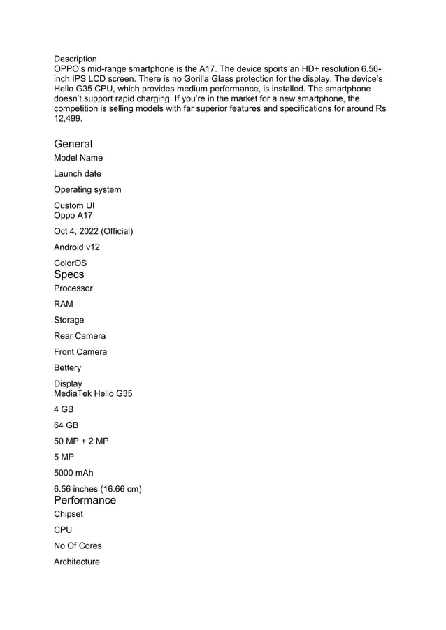 Oppo A17 Specification | DOCX