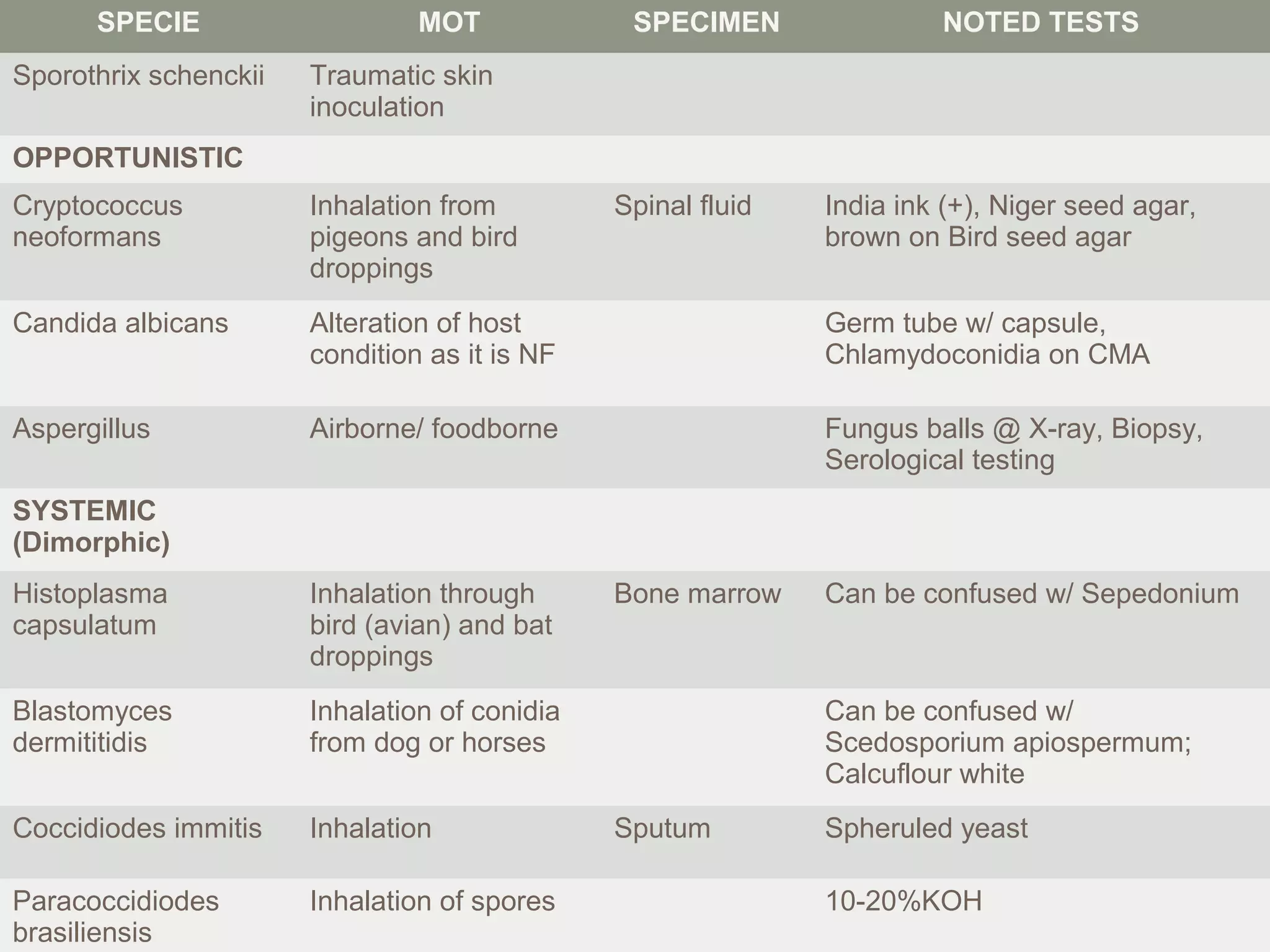 Opportunistic & systemic mycoses tabulated summary | PPT