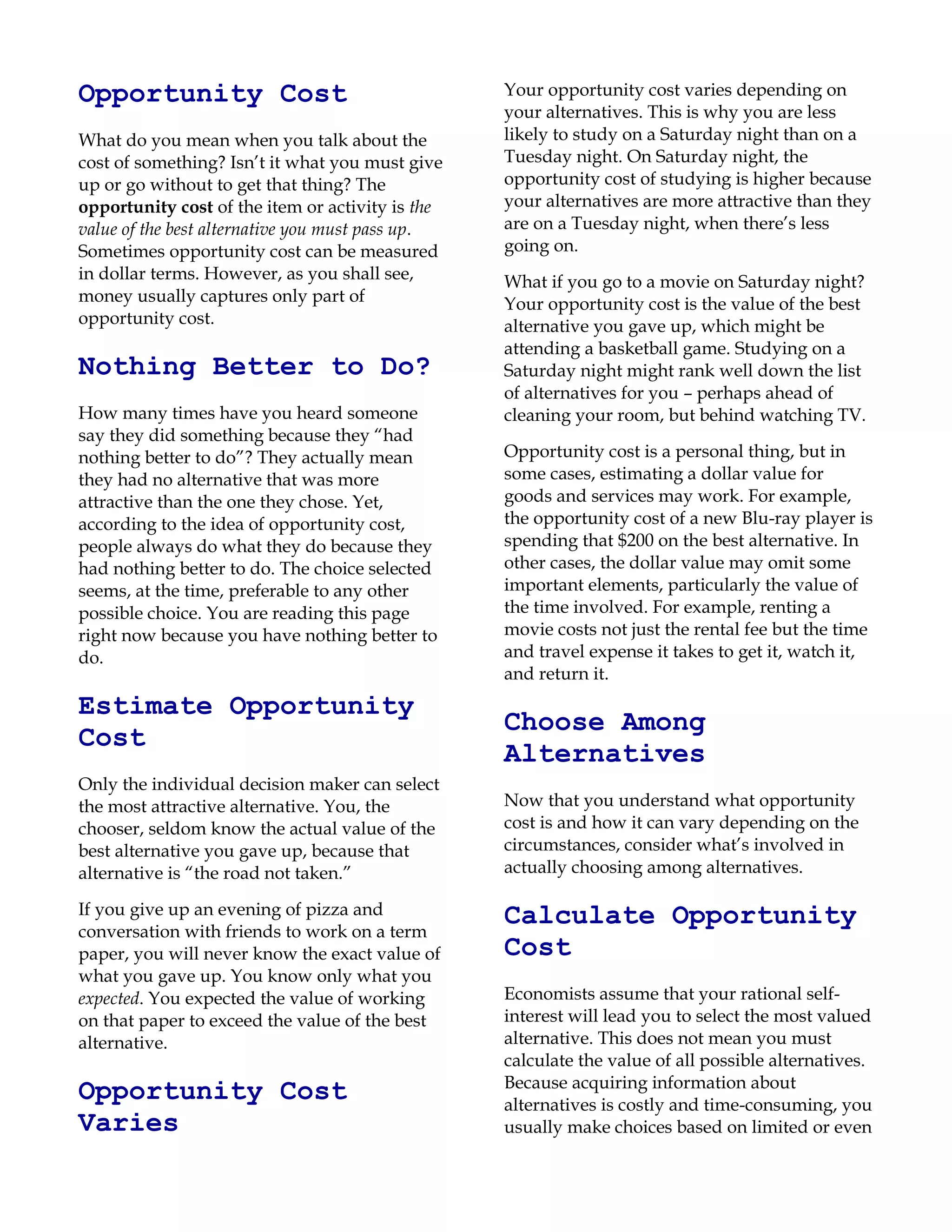 Opportunity Cost Reading Packet | DOCX