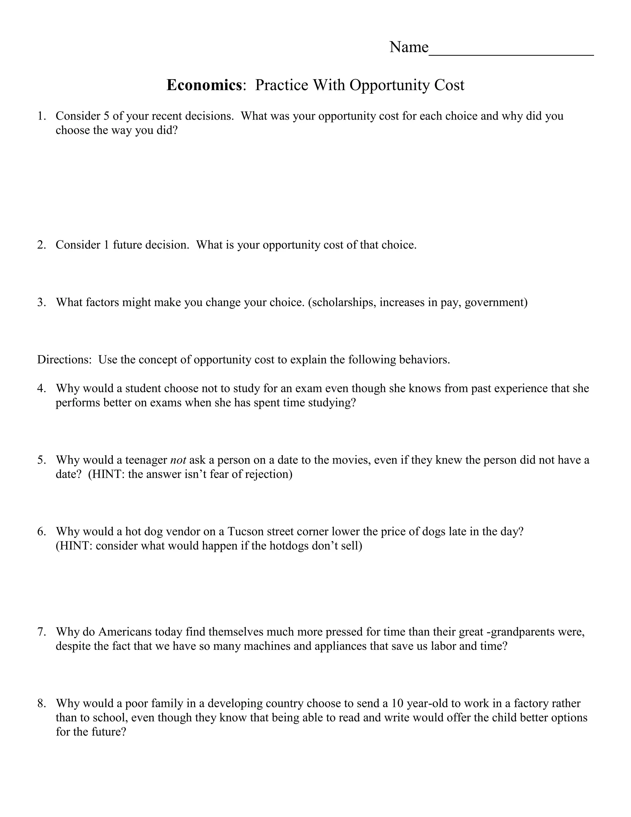 Opportunity cost worksheet 2013 | PDF