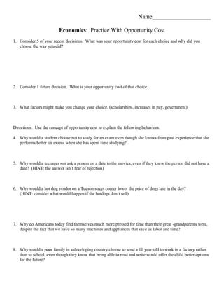 Opportunity cost worksheet 2013 | PDF