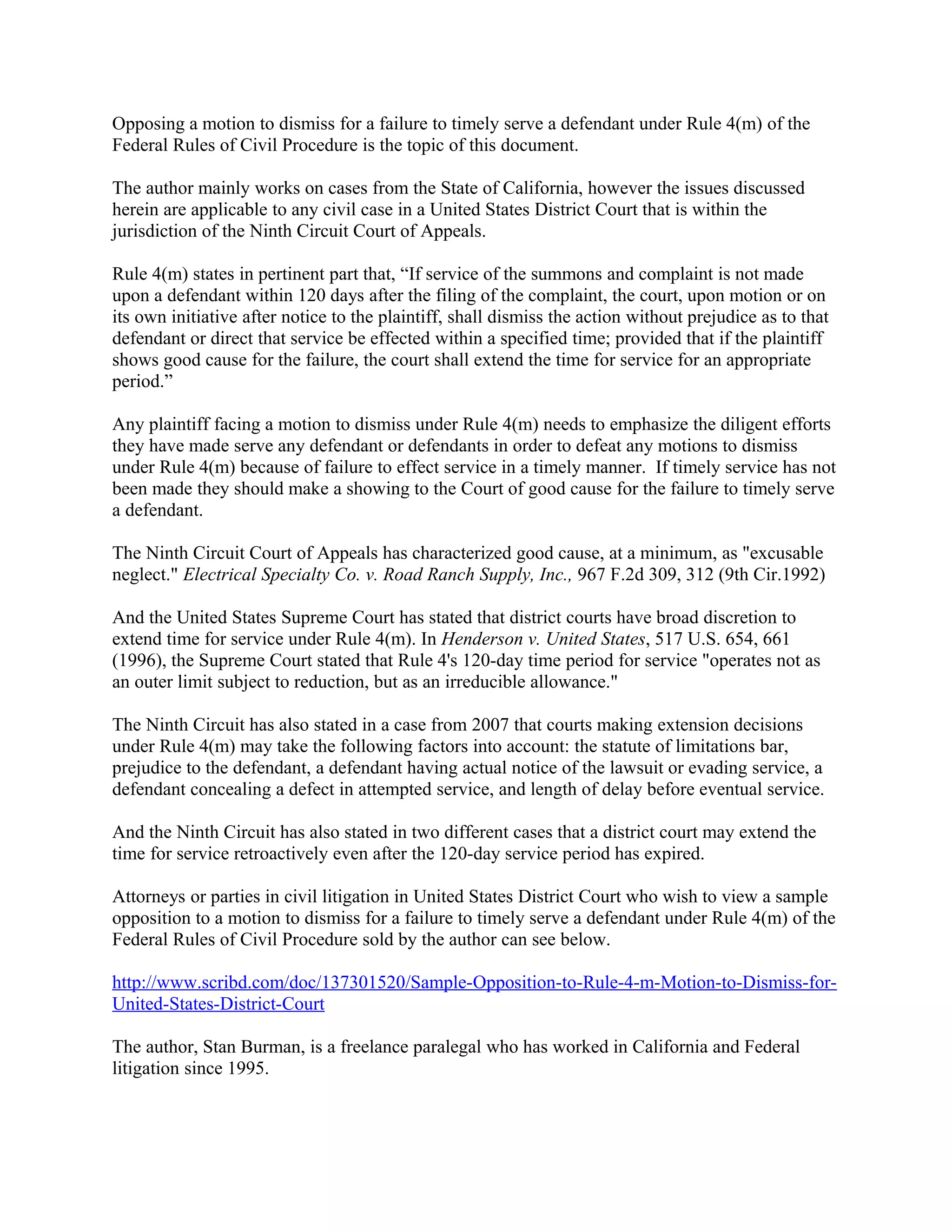 Opposition to motion to dismiss under rule 4(m) | DOC