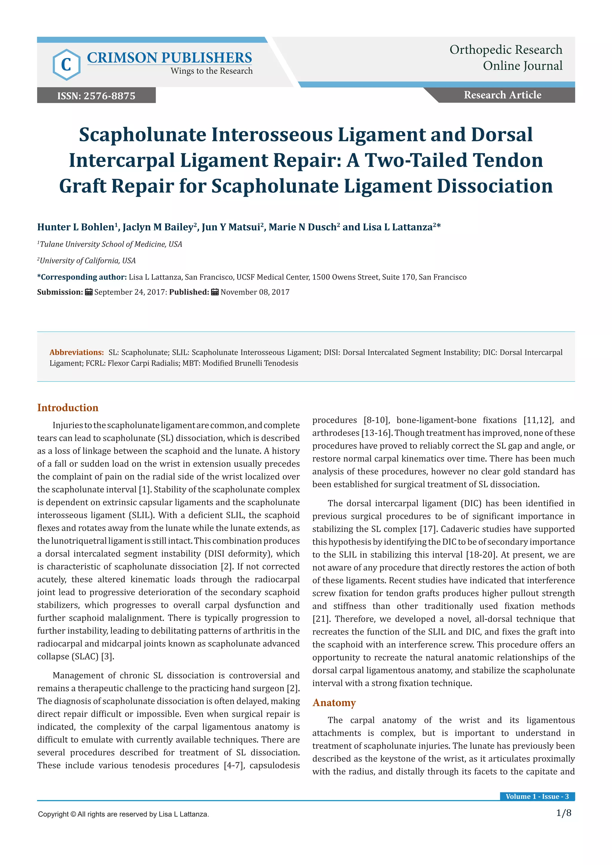 Crimson Publishers-Scapholunate Interosseous Ligament and Dorsal ...