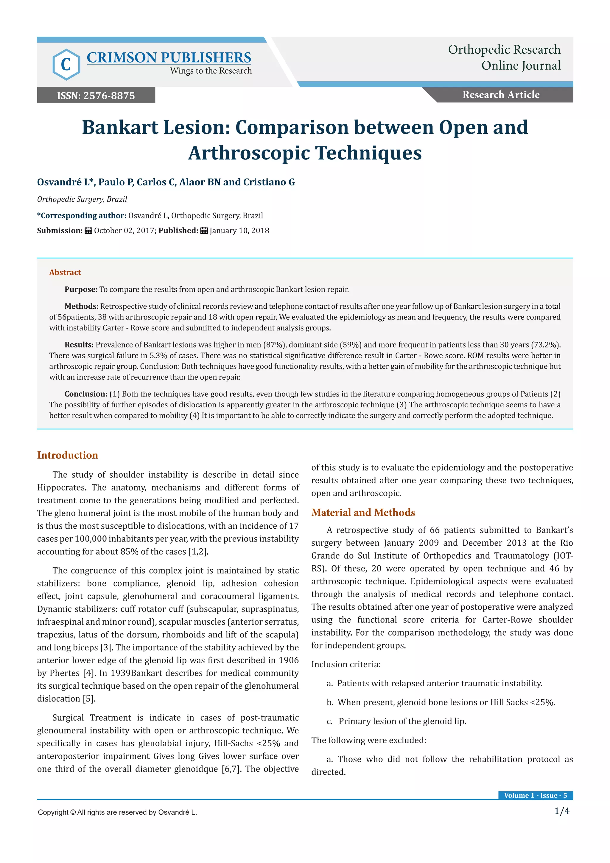 Bankart Lesion: Comparison between Open and Arthroscopic Techniques ...