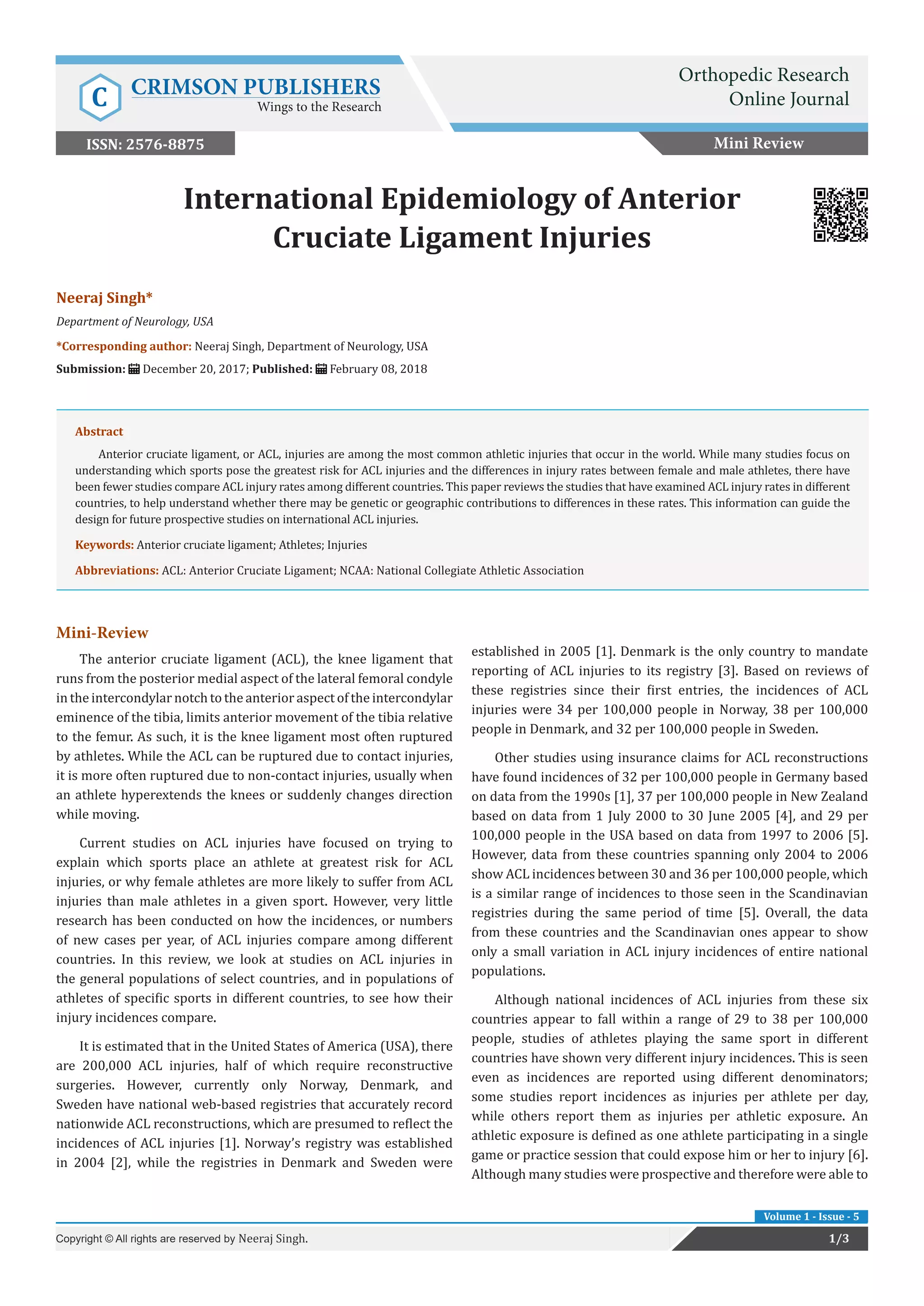 International ACL Injury Rates Vary by Sport, Not Country | PDF